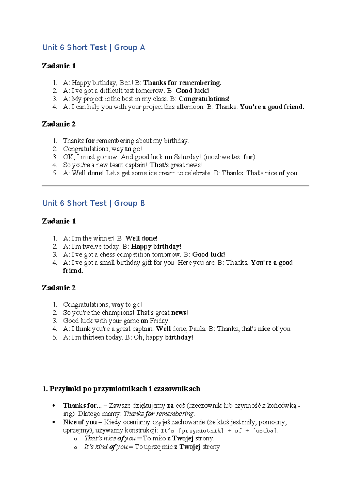 Unit 6 Short Test - Grammar Review for Group A & B - Studocu