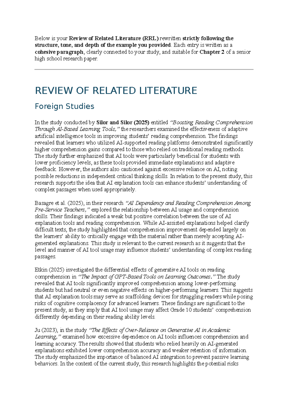 Chapter 2: Review of Related Literature on AI Tools and Comprehension ...