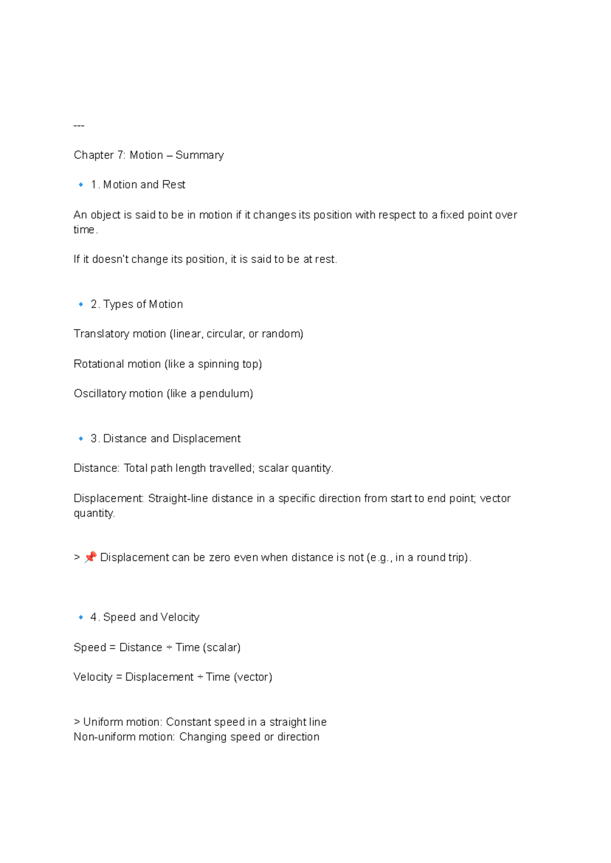 CBSE Physics Chapter: Motion Summary and Key Concepts - Studocu