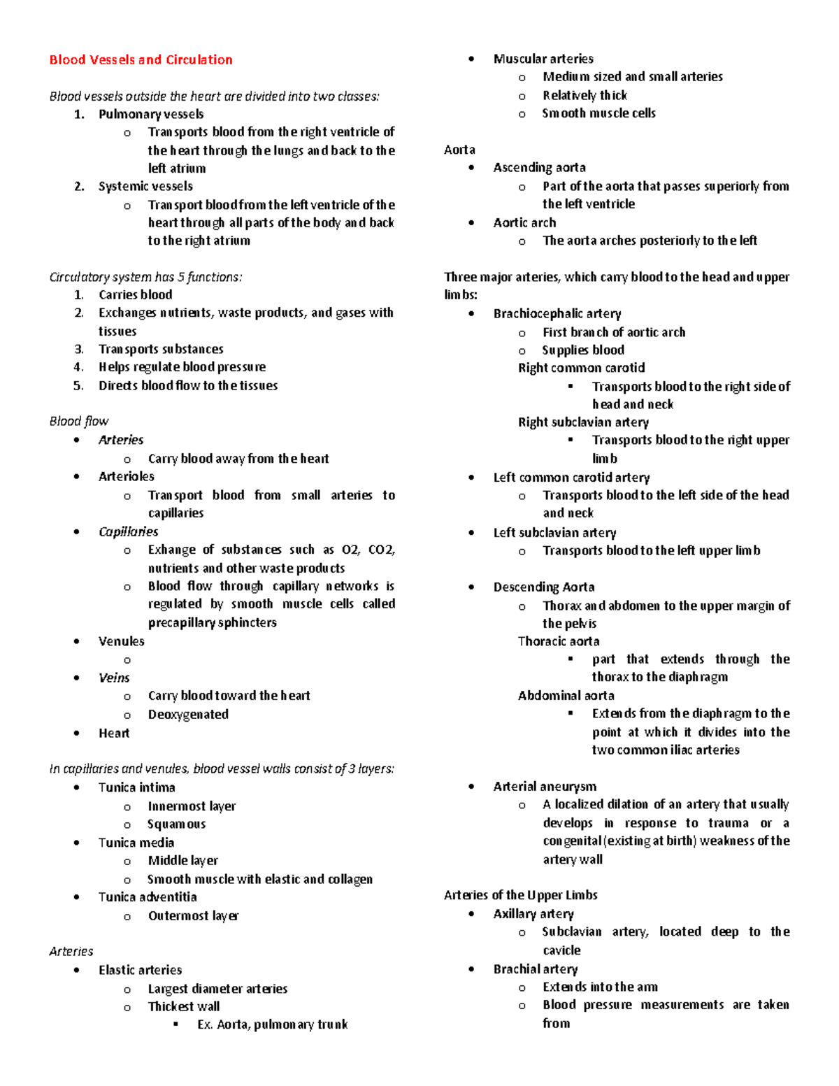 Anaphy Notes - Summary of Blood Vessels & Circulation (Anatomy ...