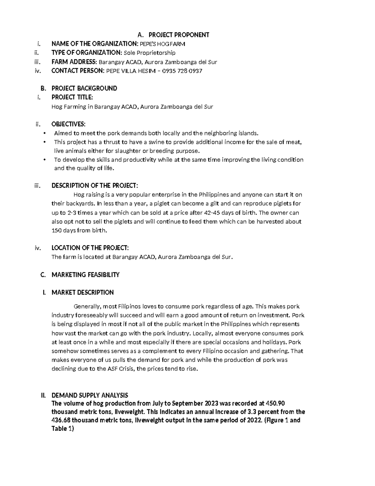 Business Plan of plan the business - A. PROJECT PROPONENT i. NAME OF ...