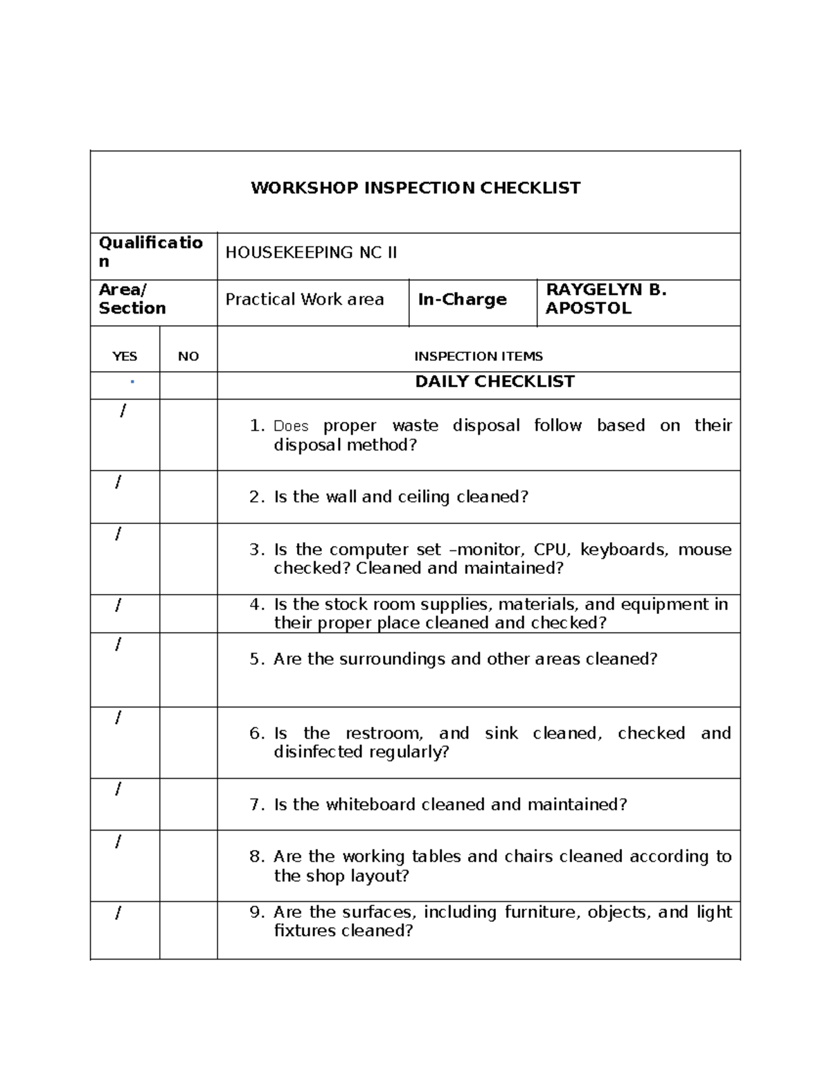 Workshop Inspection Checklist for Housekeeping NC II - Studocu