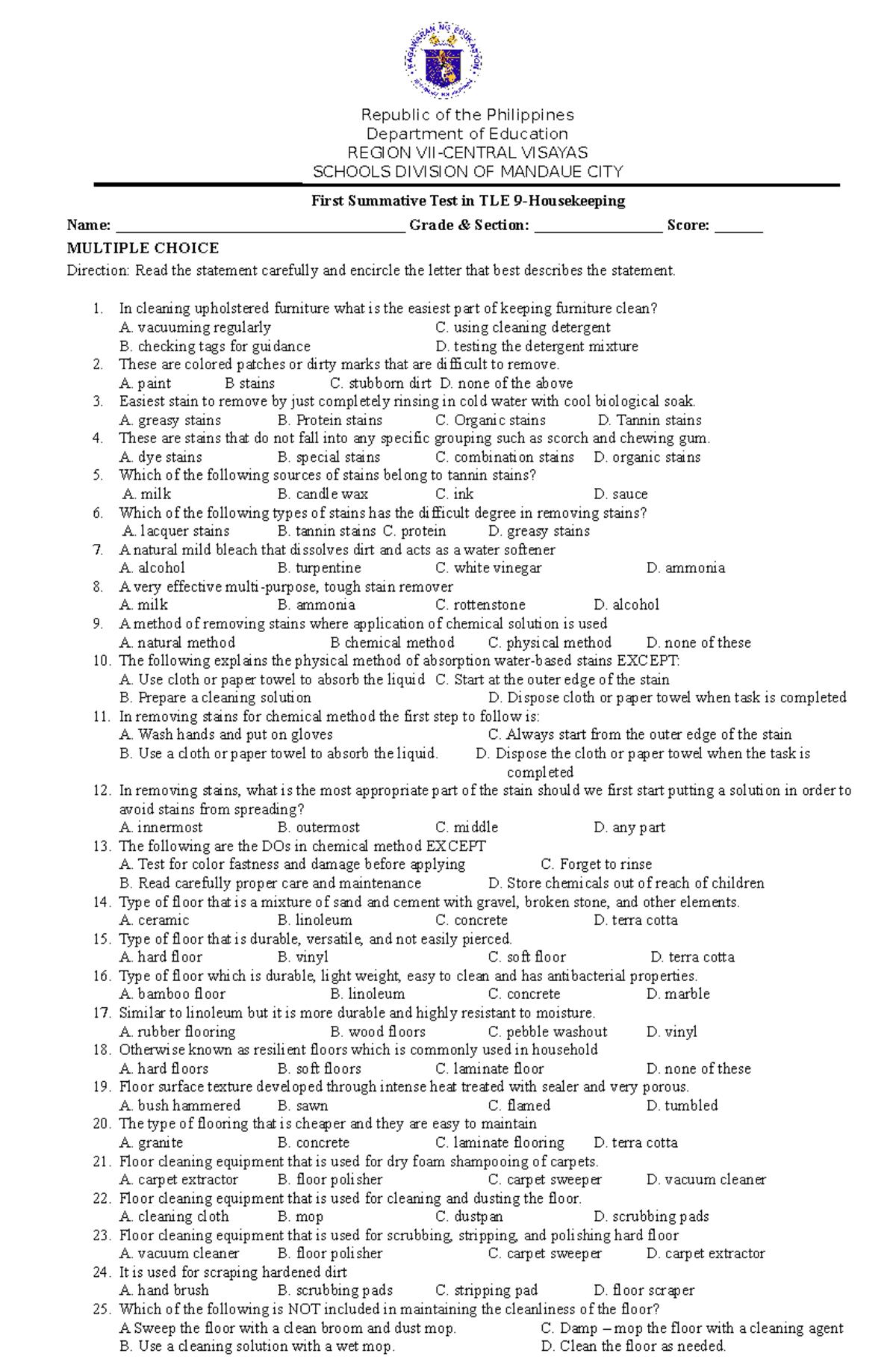 TLE 9 First Summative Test on Housekeeping Topics - Studocu