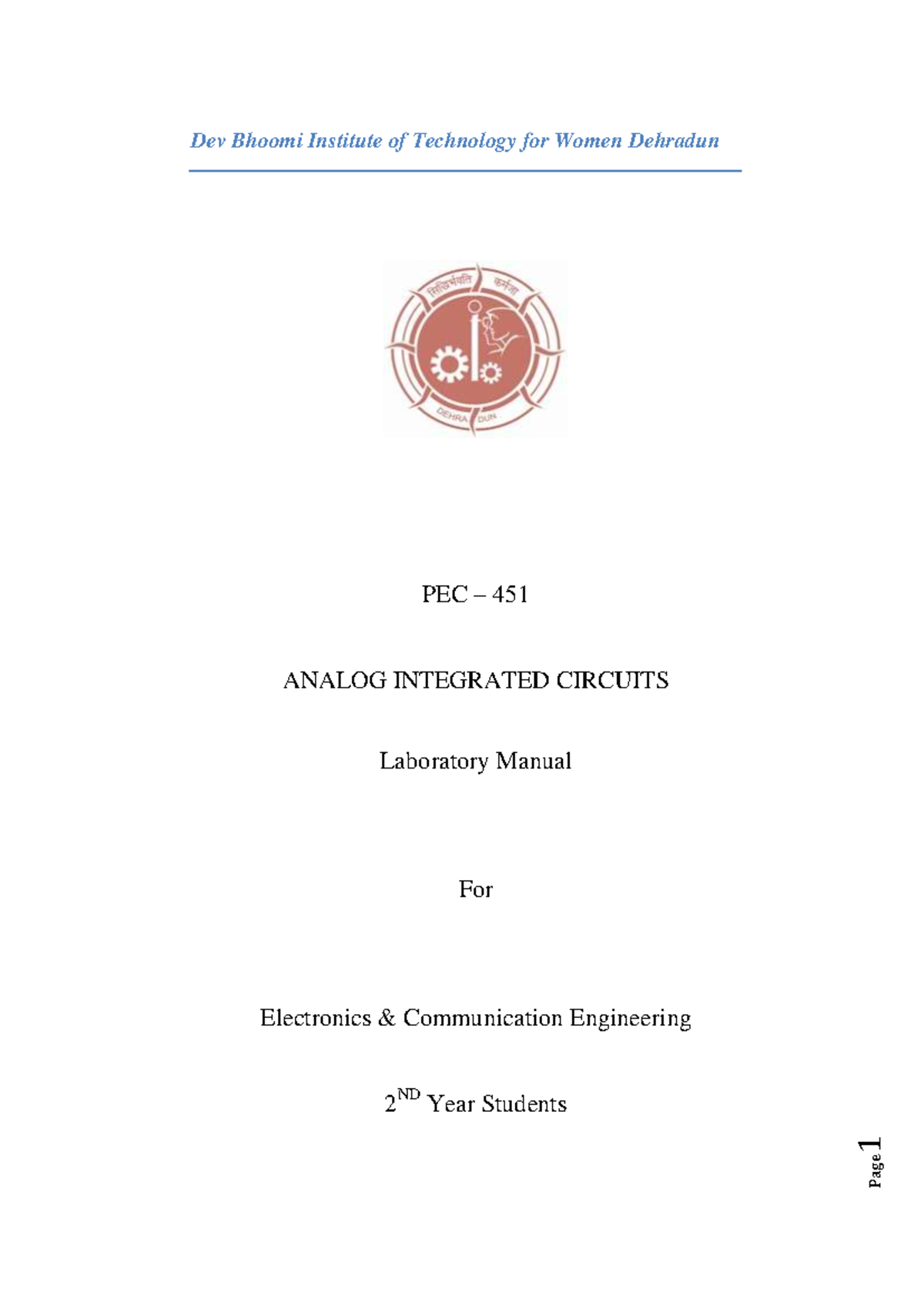 PEC 451 Analog Integrated Circuits Lab Manual for 2nd Year ECE - Studocu
