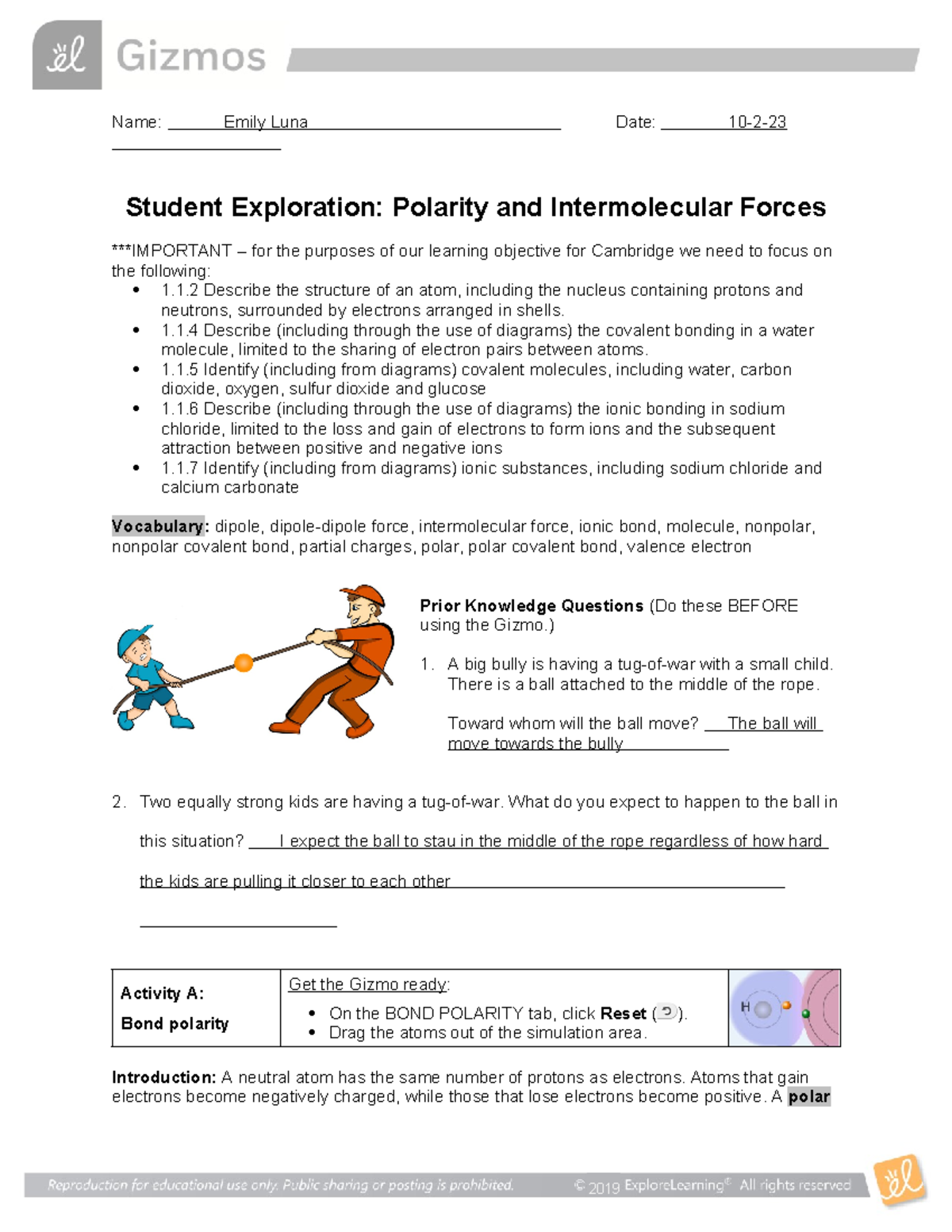 Student Exploration: Polarity and Intermolecular Forces (gizmos) - 2019 ...