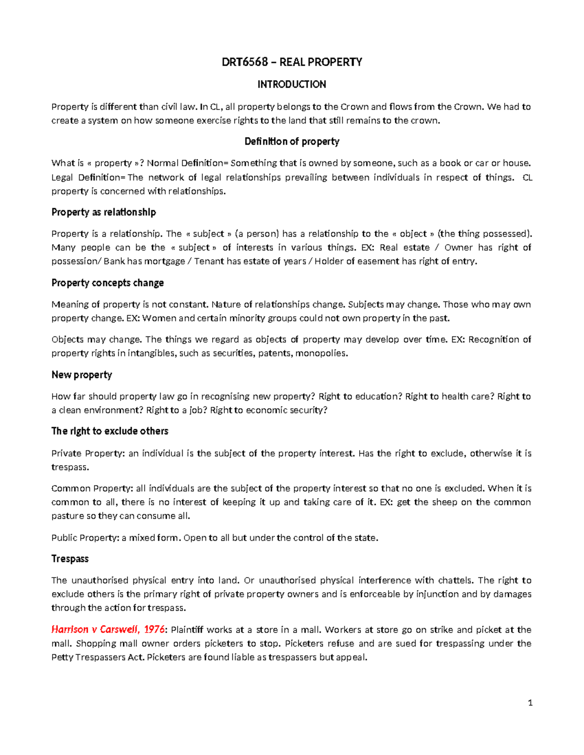 DRT6568 Final Exam Notes: Introduction to Real Property Law - Studocu