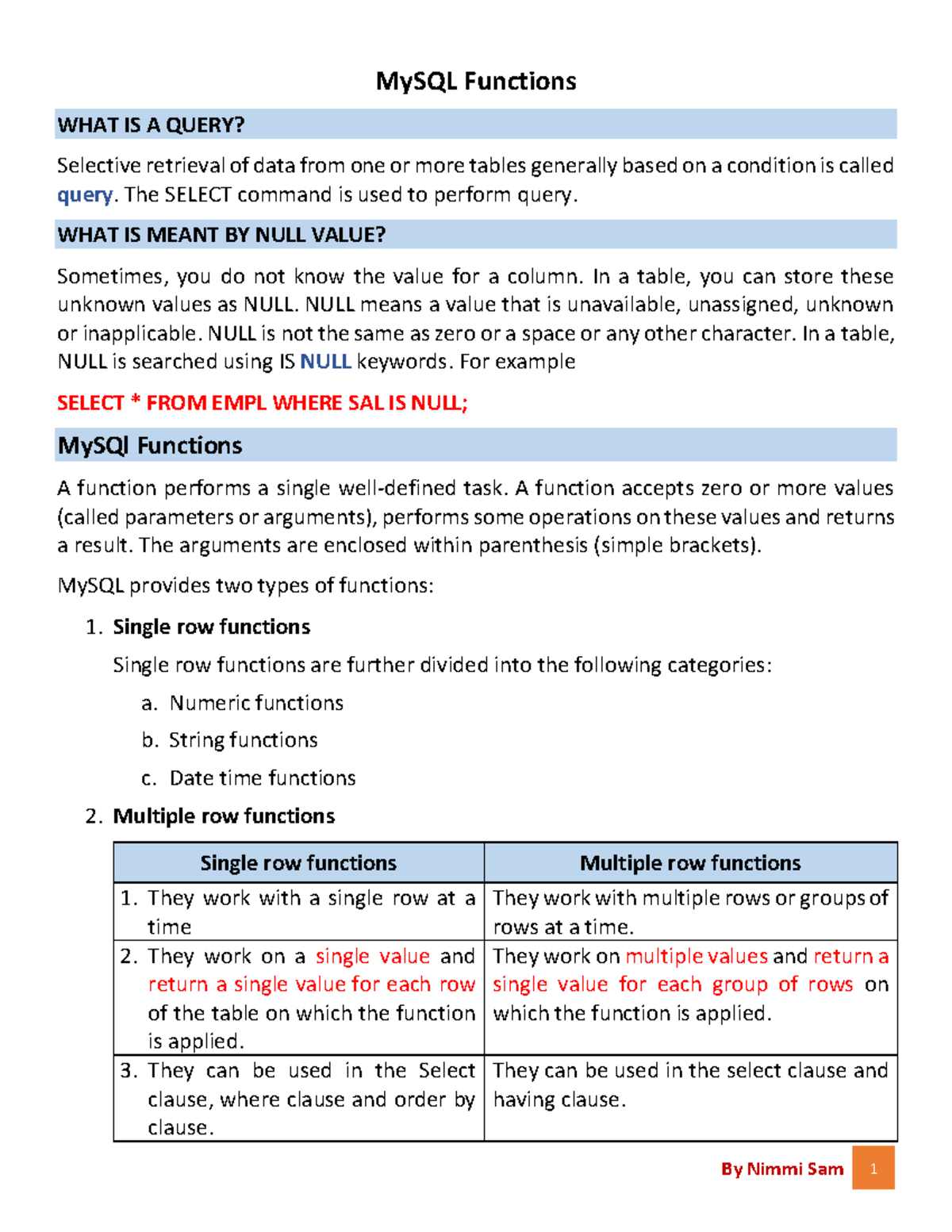 MySQL Functions: Understanding Queries and NULL Values - Studocu