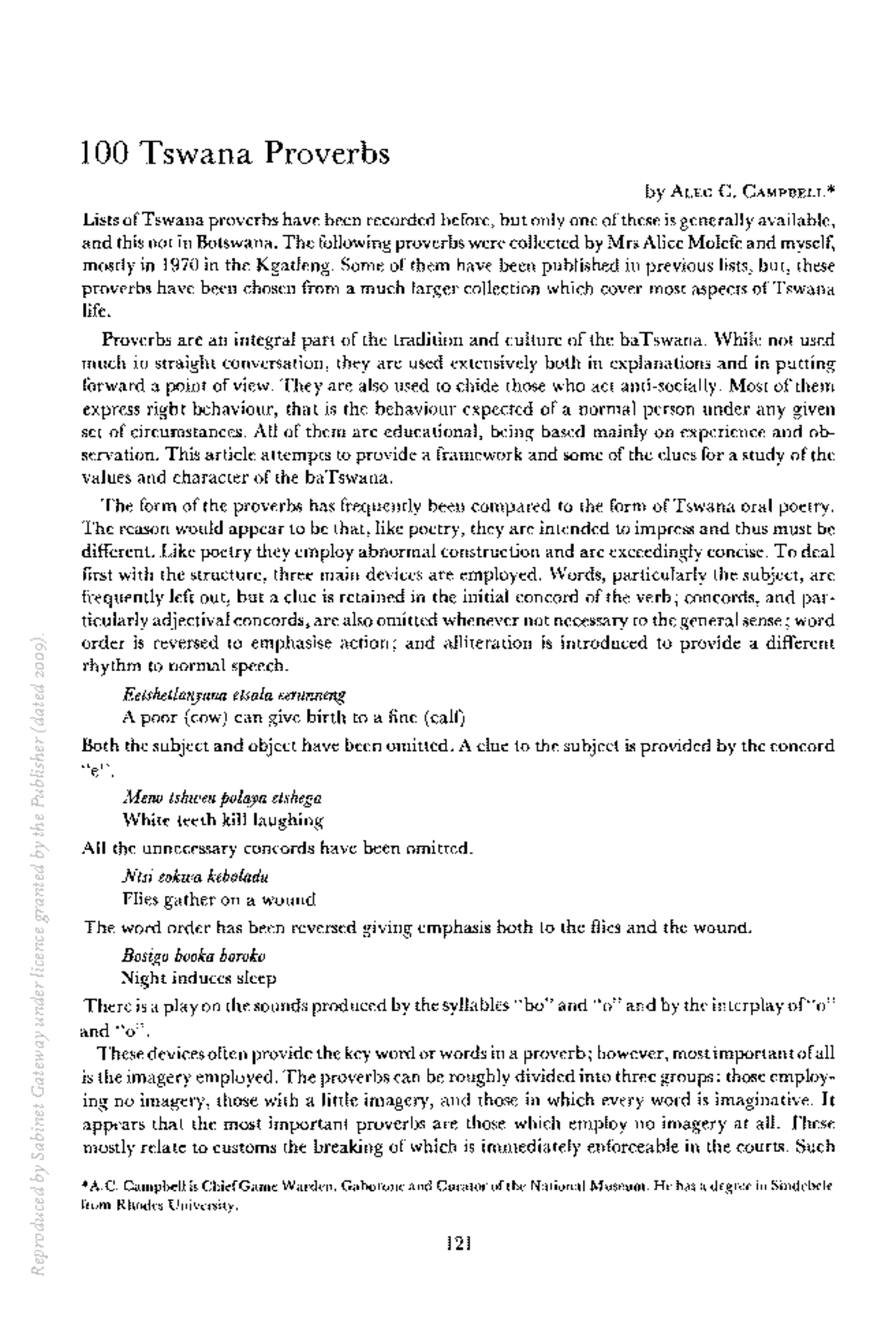 100 Tswana Proverbs by Alec C. Campbell (1972) - Cultural Insights - Studocu
