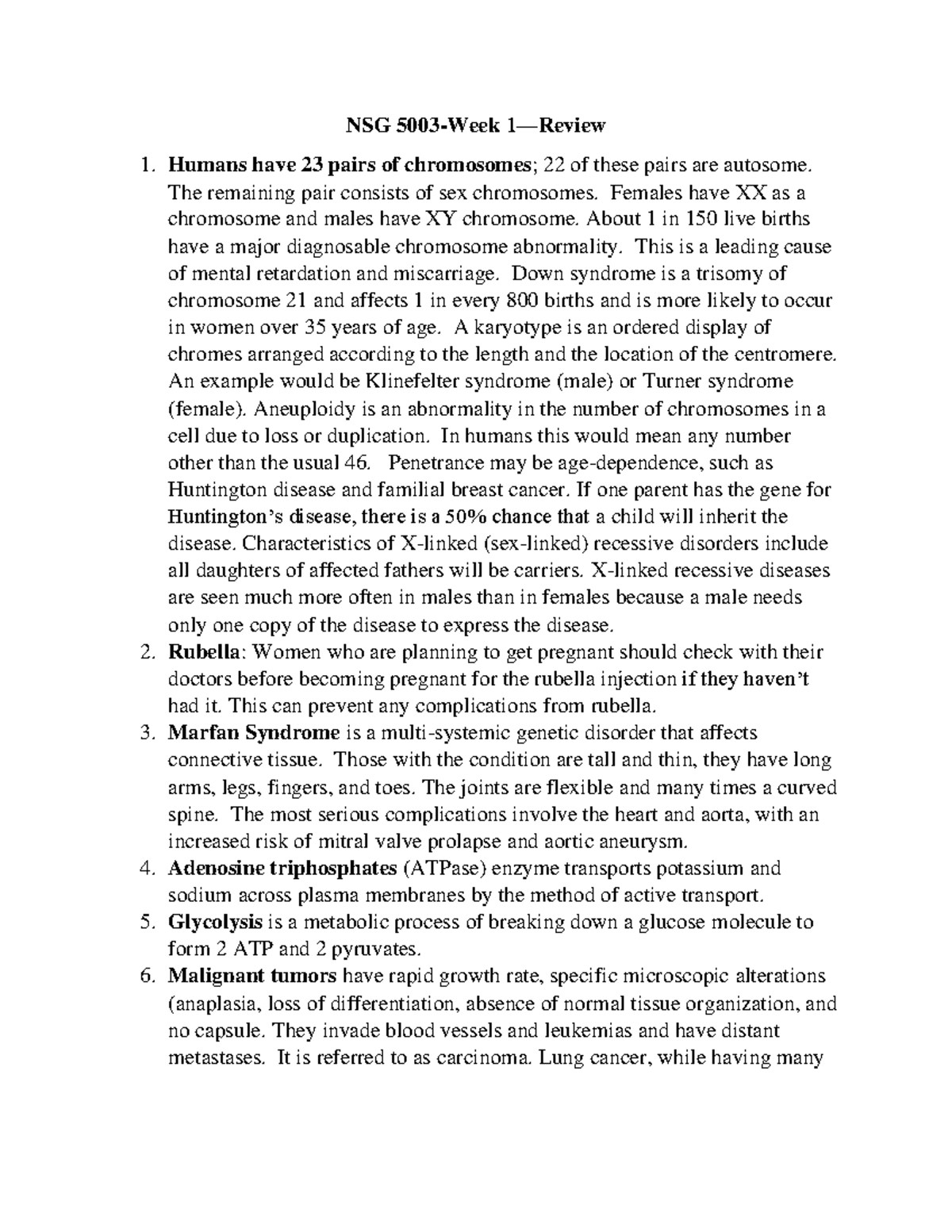 NSG5003 Week 1 Review on Chromosomal Abnormalities & Genetics - Studocu
