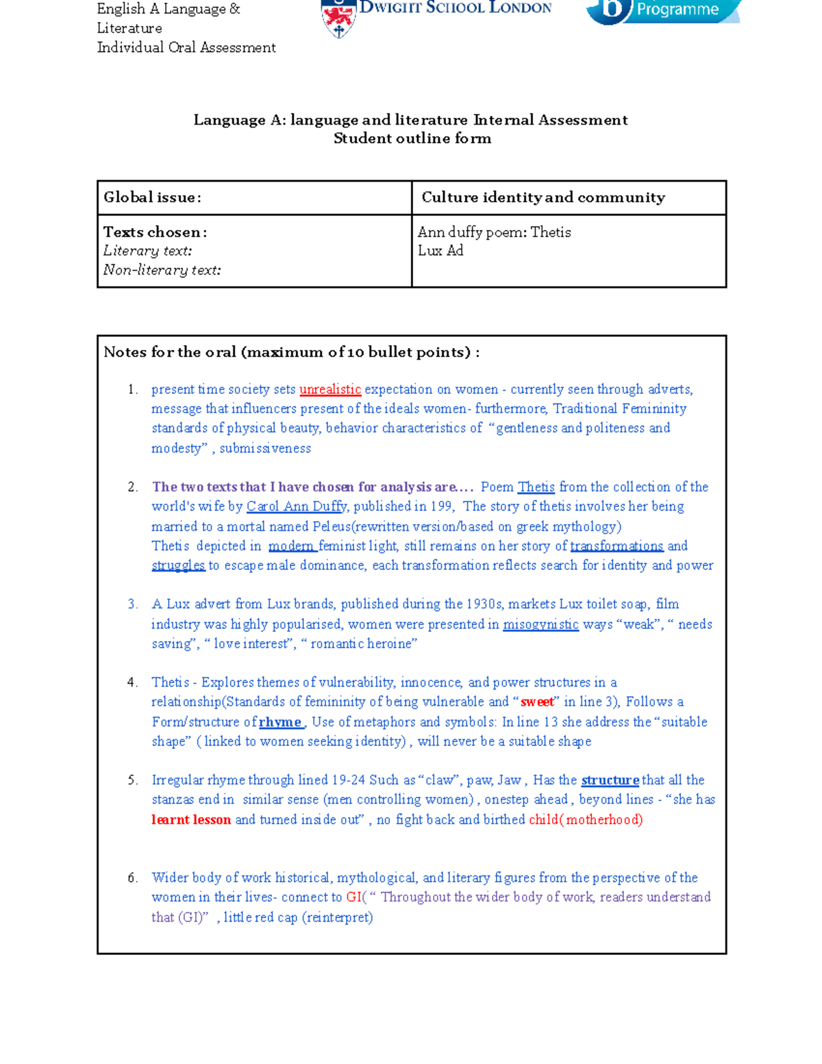 English A: Individual Oral Assessment Outline on Culture & Identity ...