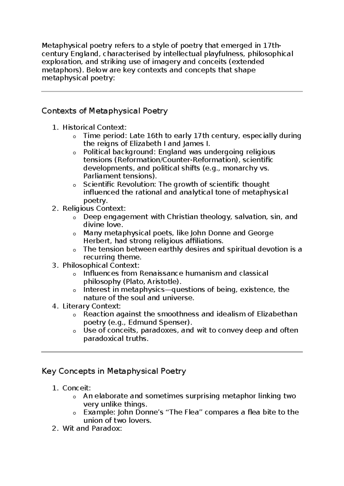 Metaphysical Poetry Notes: Contexts & Key Concepts - Studocu