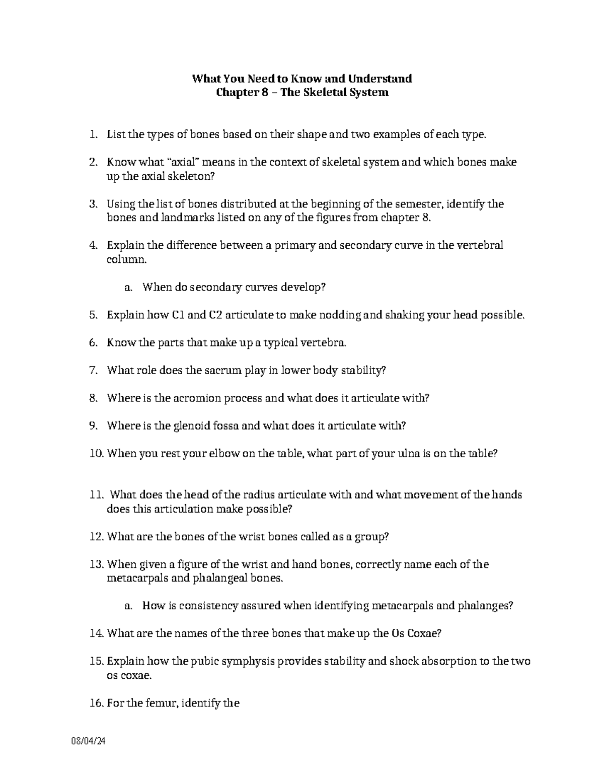 Chapter 8 Review: Understanding the Skeletal System (BIO101) - Studocu