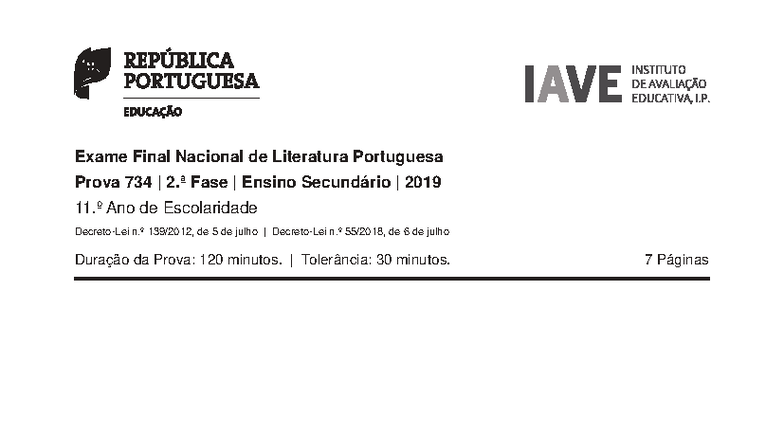Exame Final de Literatura Portuguesa P734 - 2.ª Fase 2019 - Studocu