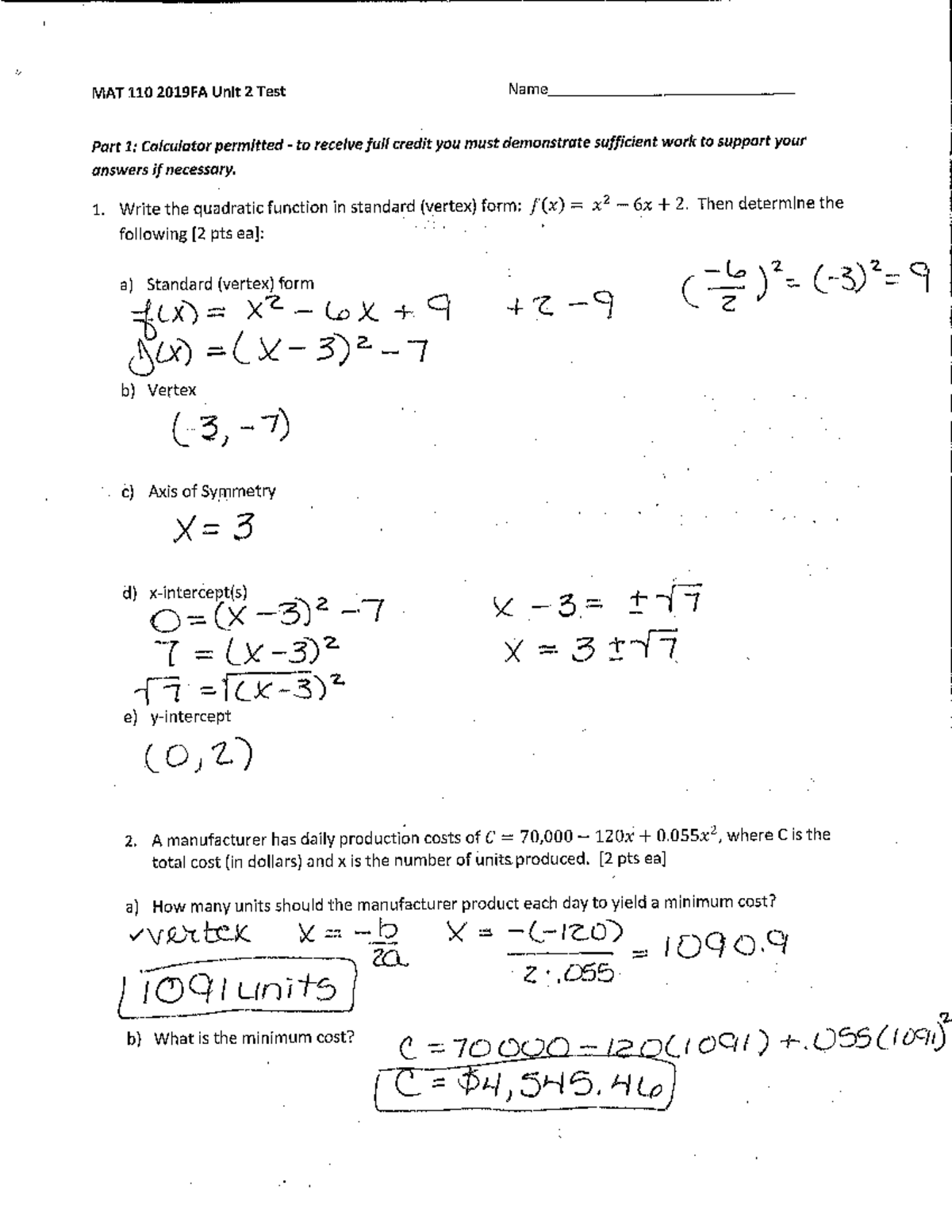 MAT 110-101 Unit 2 Test Solutions and Detailed Explanations - Studocu