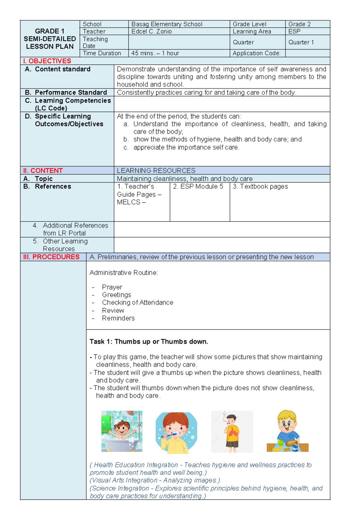 Grade 2 ESP Semi-Detailed Lesson Plan: Health & Hygiene Skills - Studocu