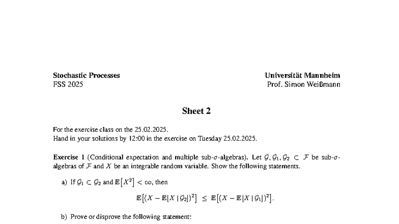 Stochastic Processes FSS 2025 - Exercise Class Sheet 2 - Studocu