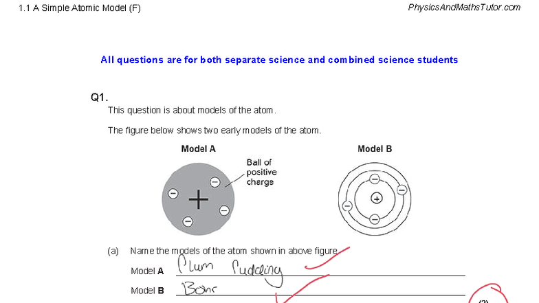 1.1 A Simple Atomic Model (F) Question Paper - Studocu