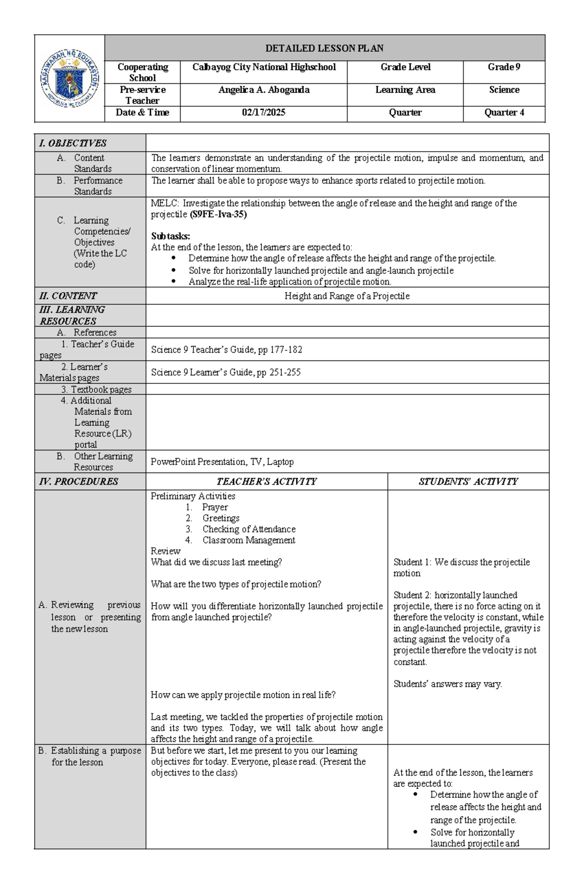 Projectile Motion DLP Day 2: Understanding Angles & Ranges in Science 9 ...