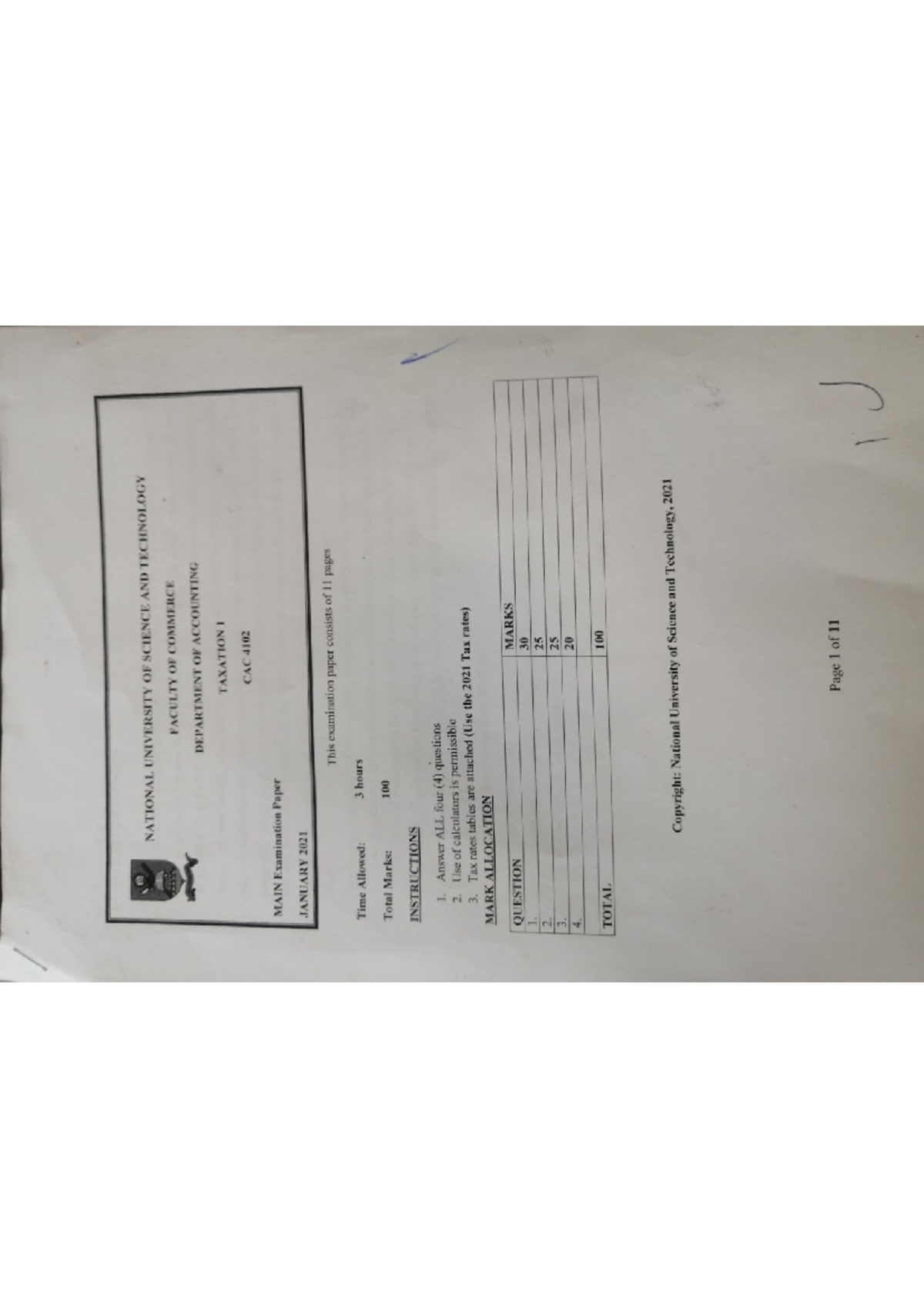 CAC 4102 Past Paper on Taxation - Comprehensive Review - Studocu