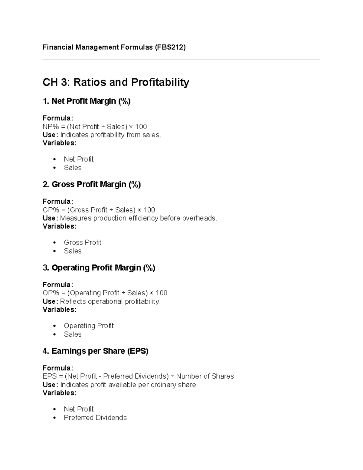 Financial Management Formulas (FBS212) - Ratios, Profitability ...