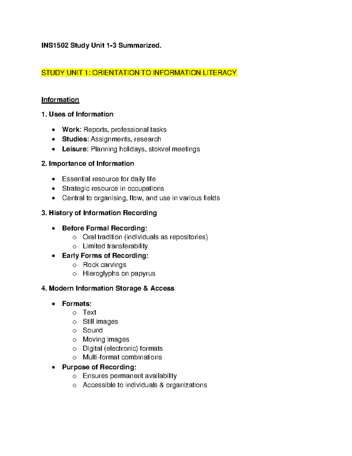 INS1502 Study Unit 1-3 Summarized Overview and Key Concepts - Studocu