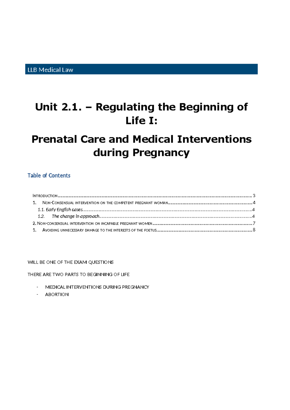 Lecture 6 Outline - intervention in pregnancy - LLB Medical Law Unit 2 ...