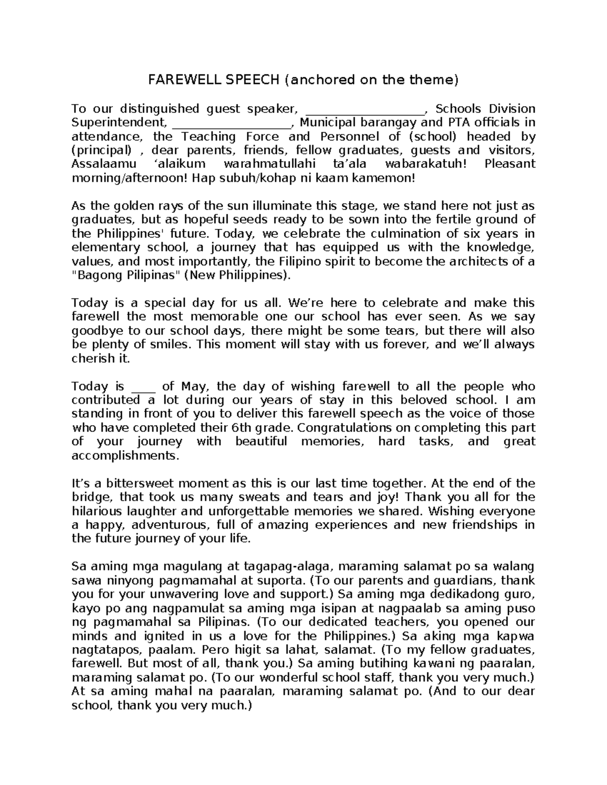 Farewell Speech for 6th Grade Graduation Celebration - Studocu