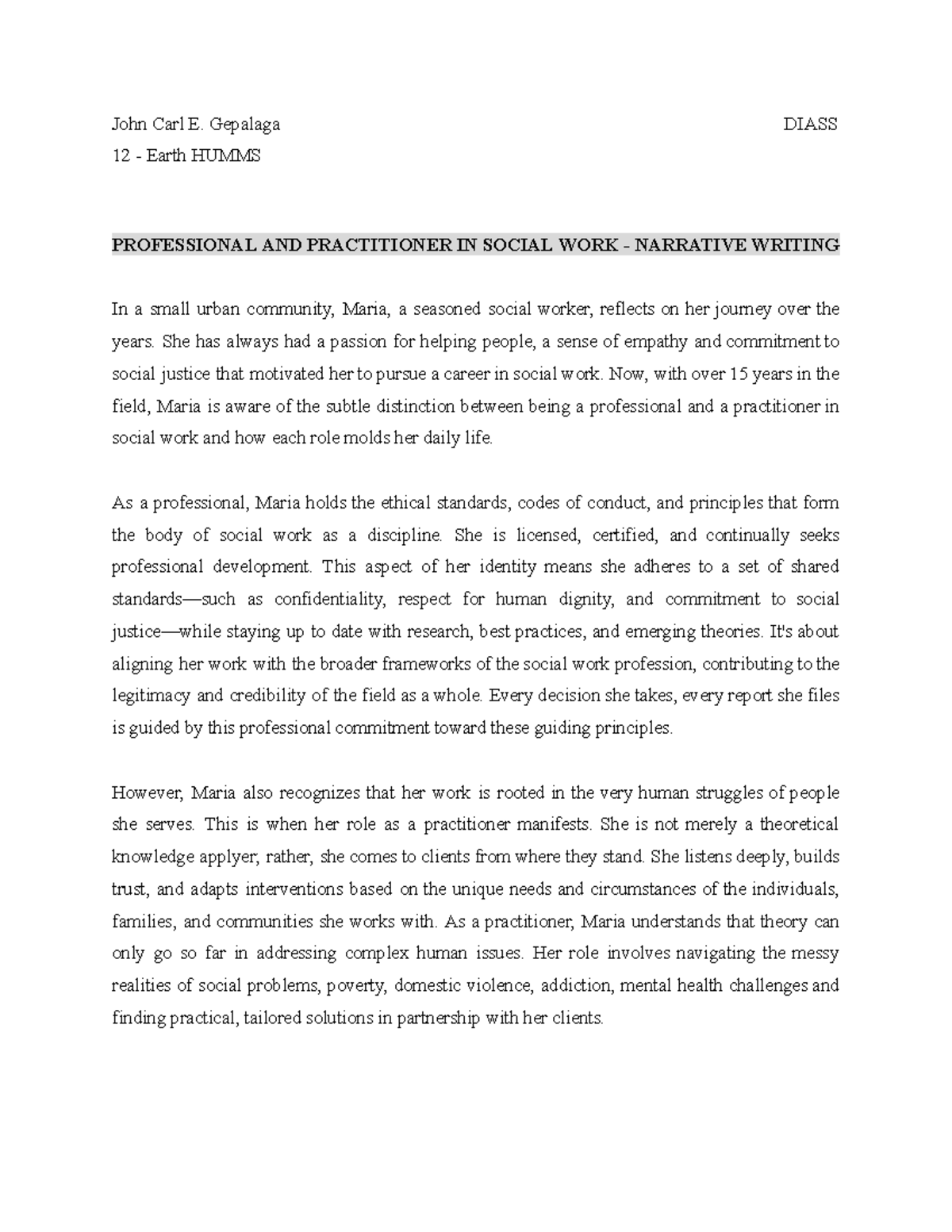 HUMMS 12 Professional & Practitioner in Social Work Narrative - Studocu
