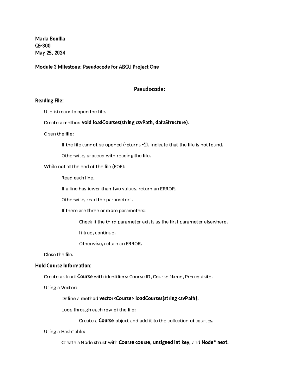 Cs 300 Final Project One Milestone 1 Vector Data Structure Pseudocode