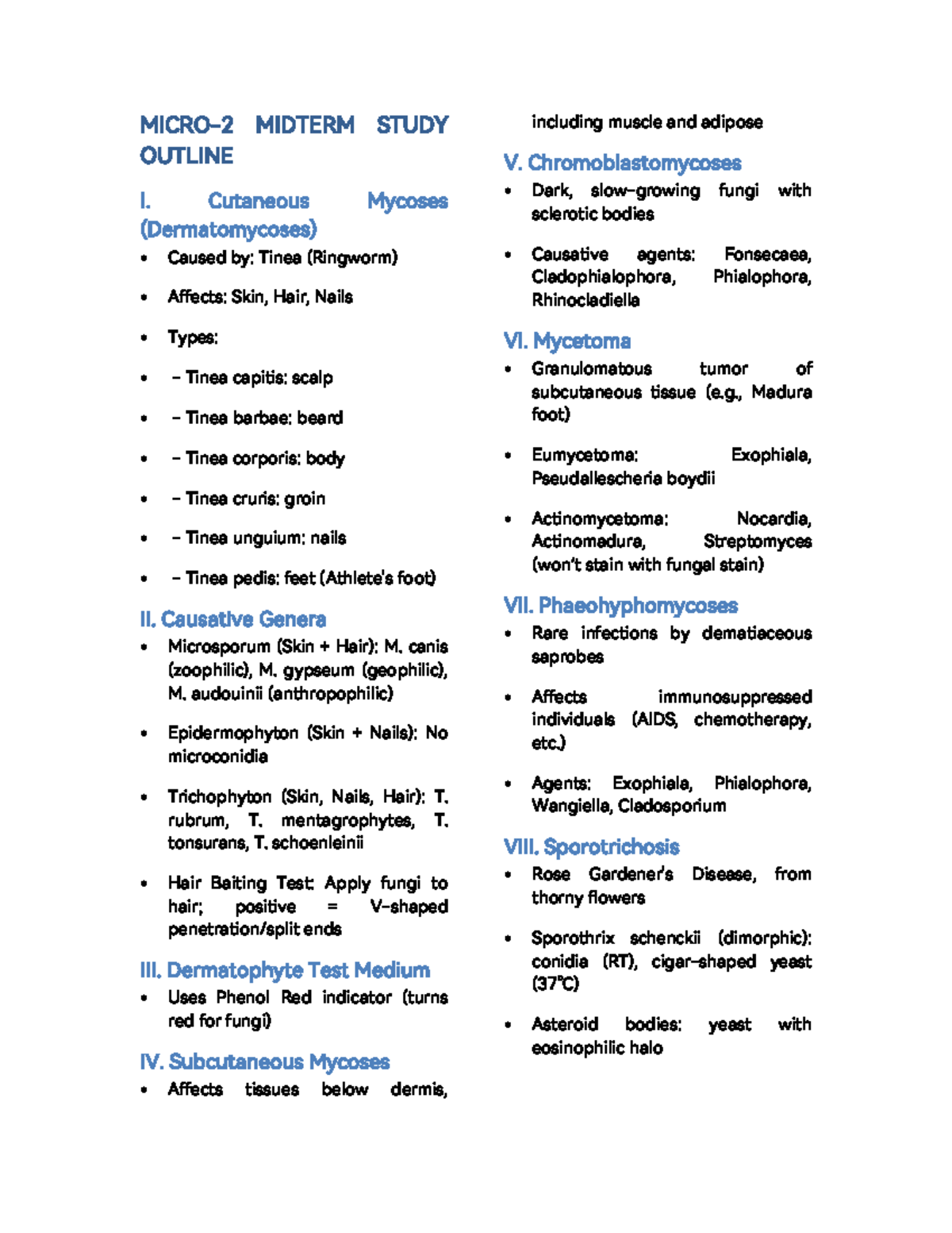 Micro 2 Midterm Study Outline: Cutaneous and Subcutaneous Mycoses - Studocu