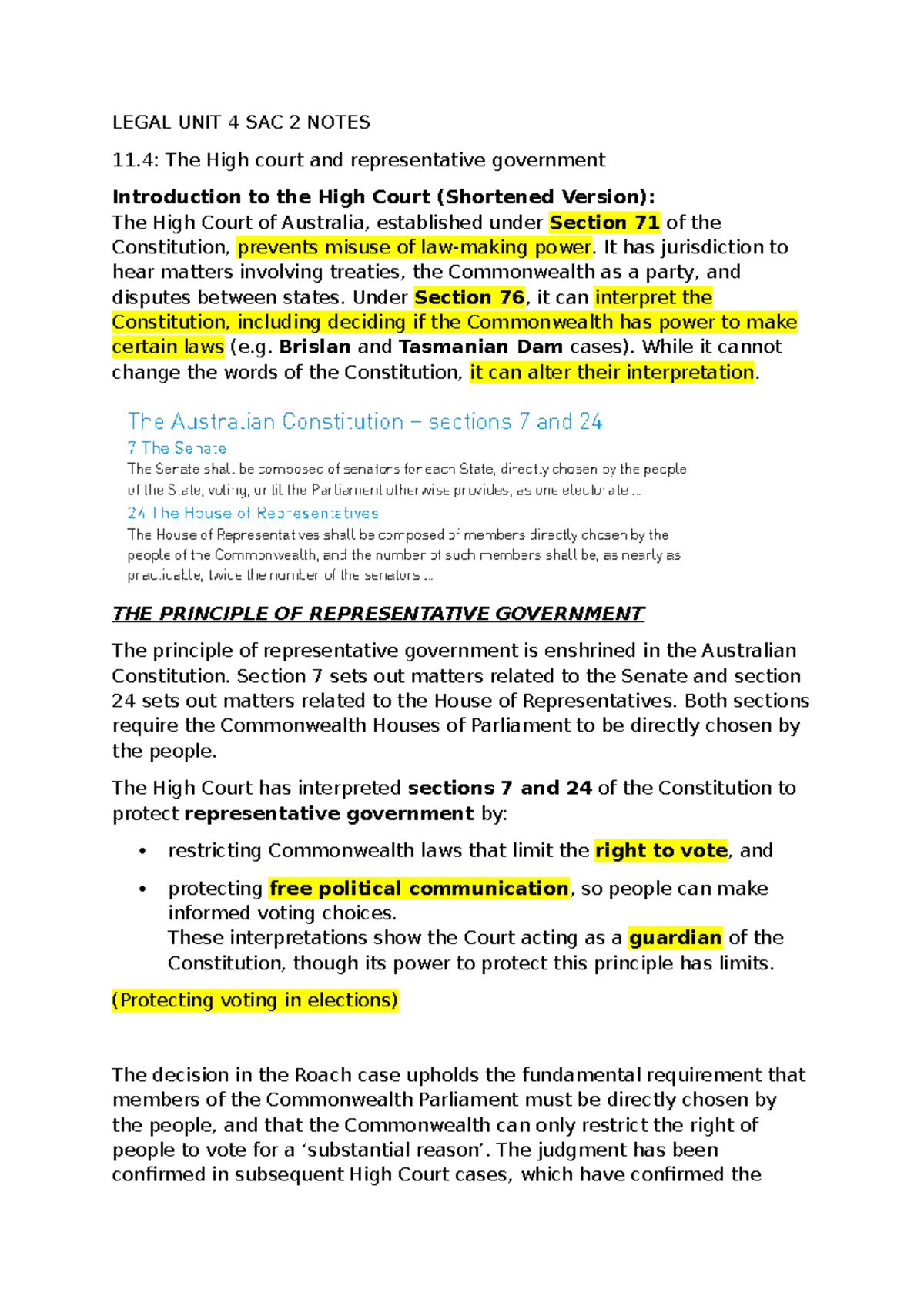 Legal Notes UNIT 4 SAC 2: High Court & Representative Government ...
