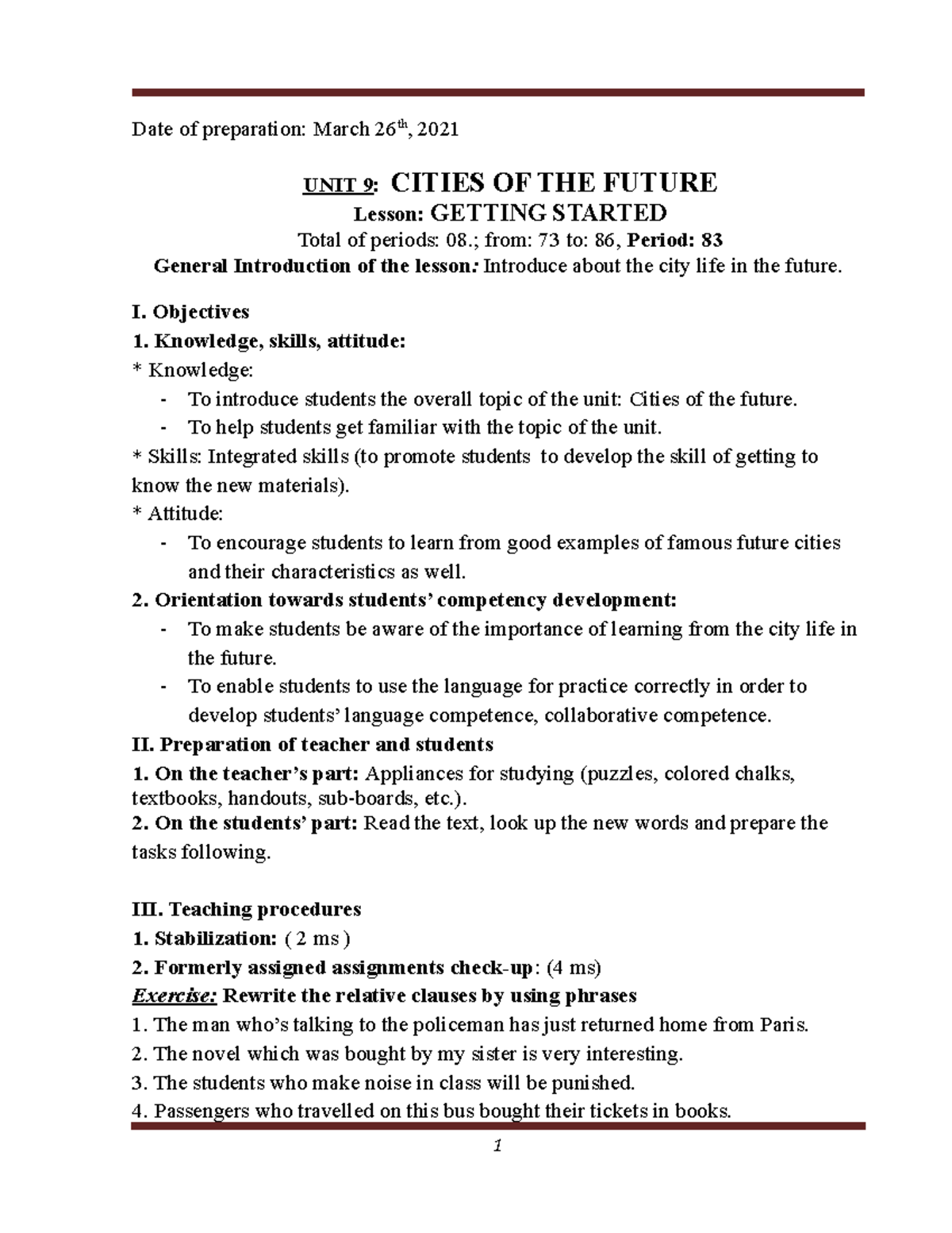 Tiếng Anh 6 - Lesson: Cities of the Future (Unit 9) Lecture Notes - Studocu