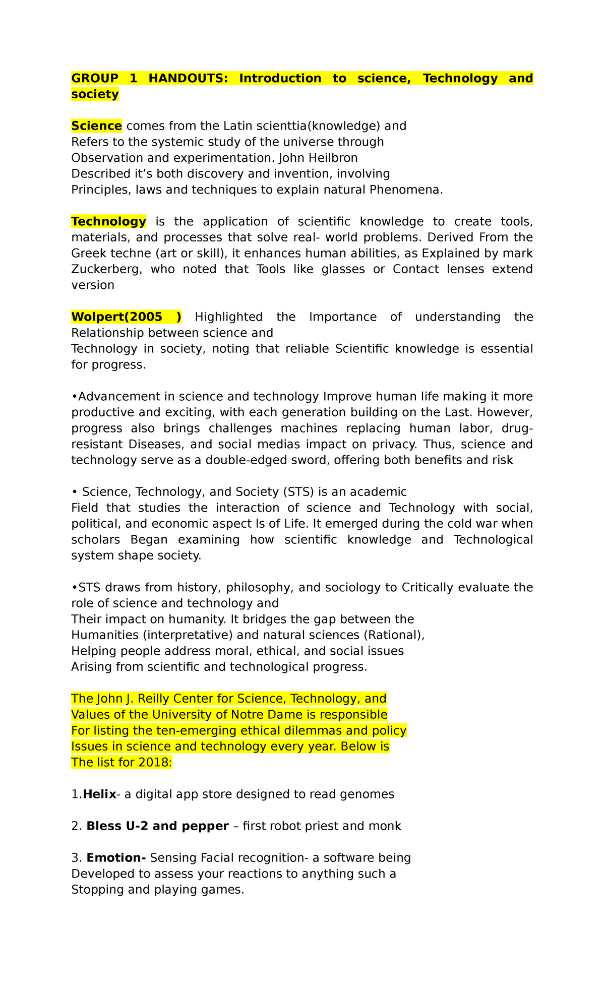 STS Handouts: Introduction to Science, Technology, and Society - Studocu