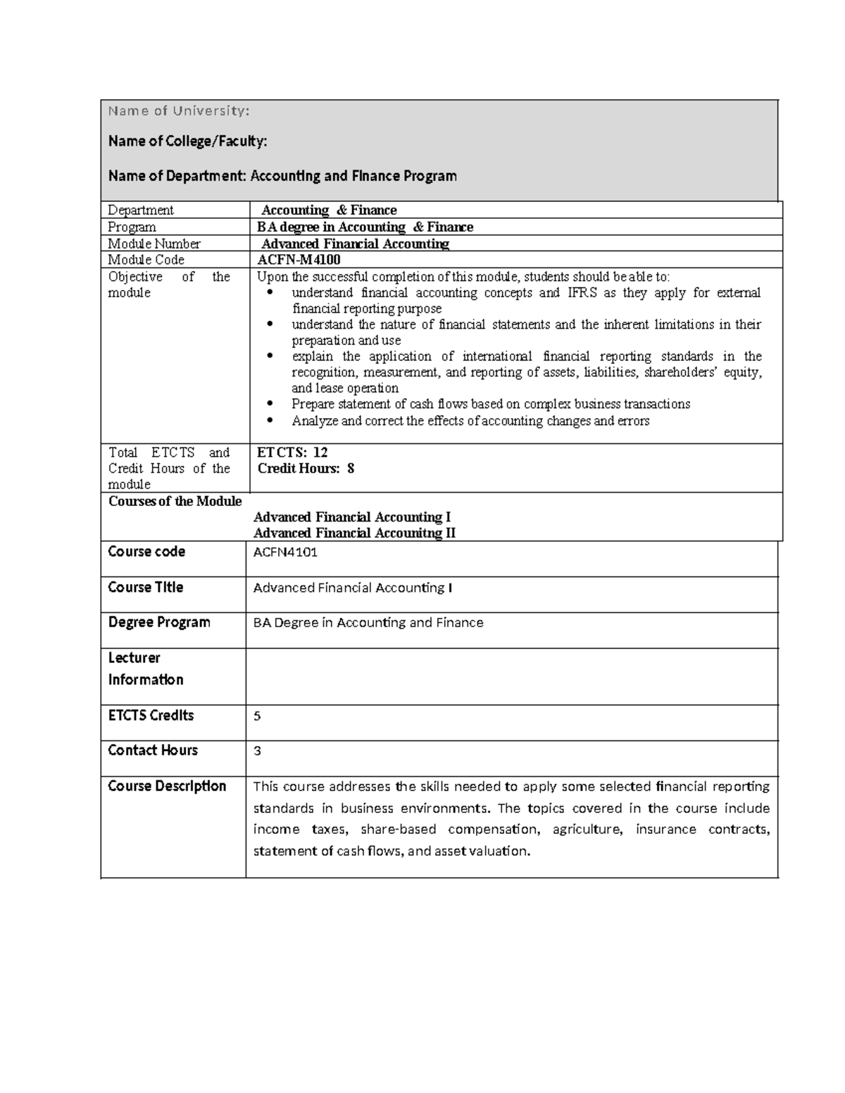Advanced financial accounting I ACFN4101 course notes and objectives ...