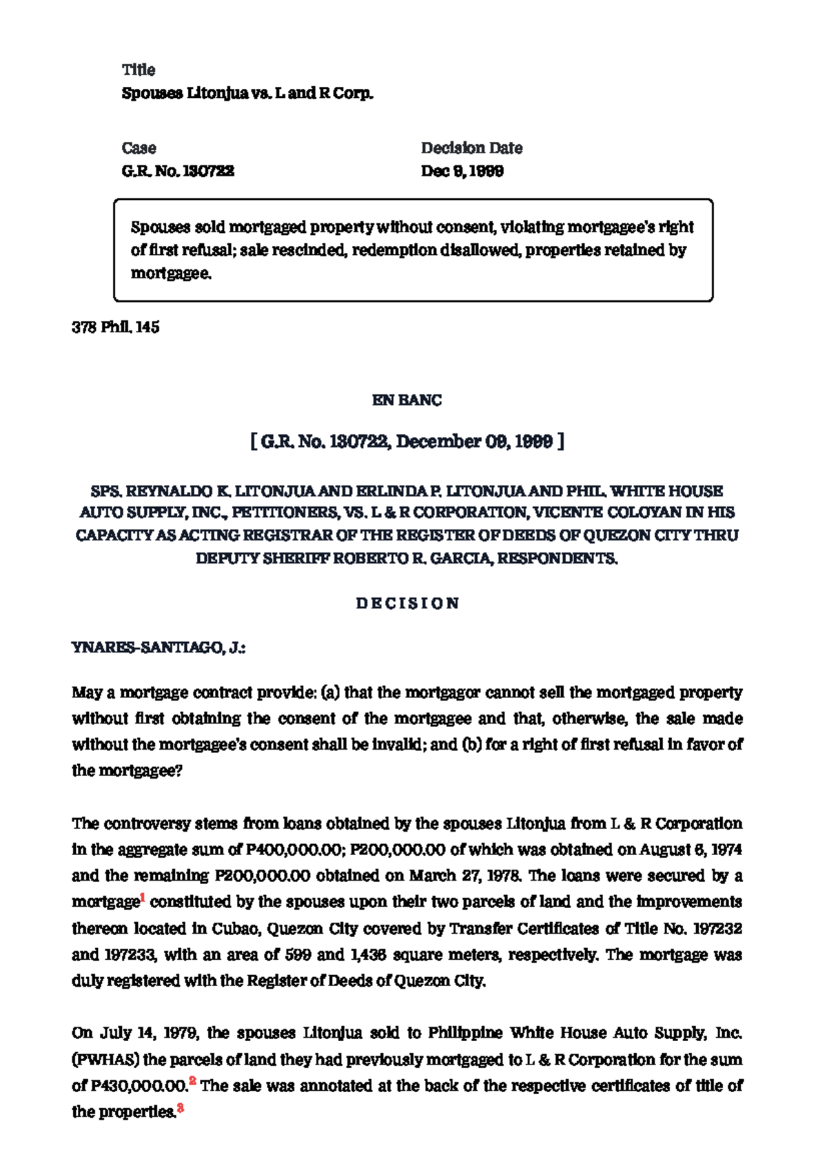 SPS. Litonjua vs. L & R Corp | G.R. No. 130722 Case Summary and ...