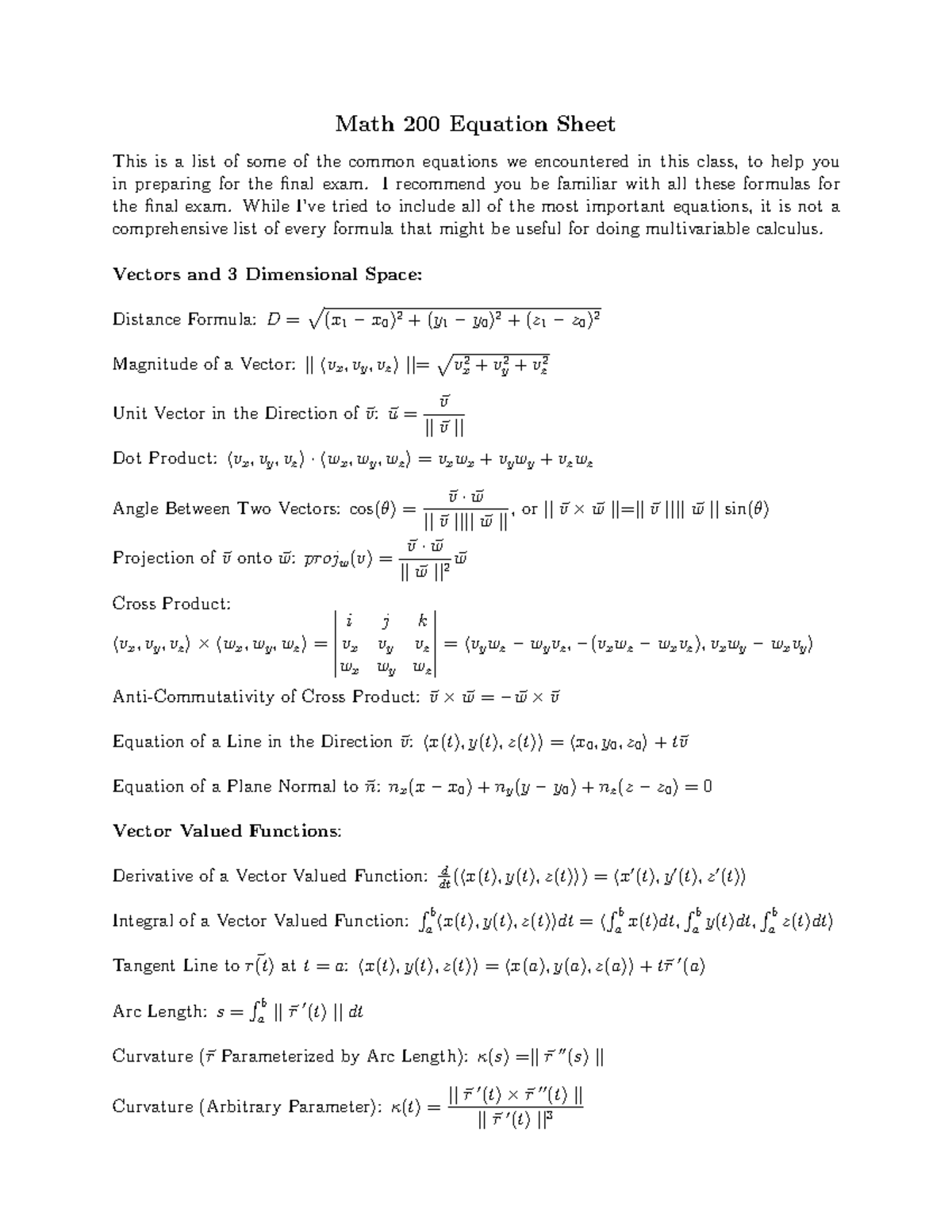 Math 200 Final Exam Multivariable Calculus Equation Sheet - Studocu