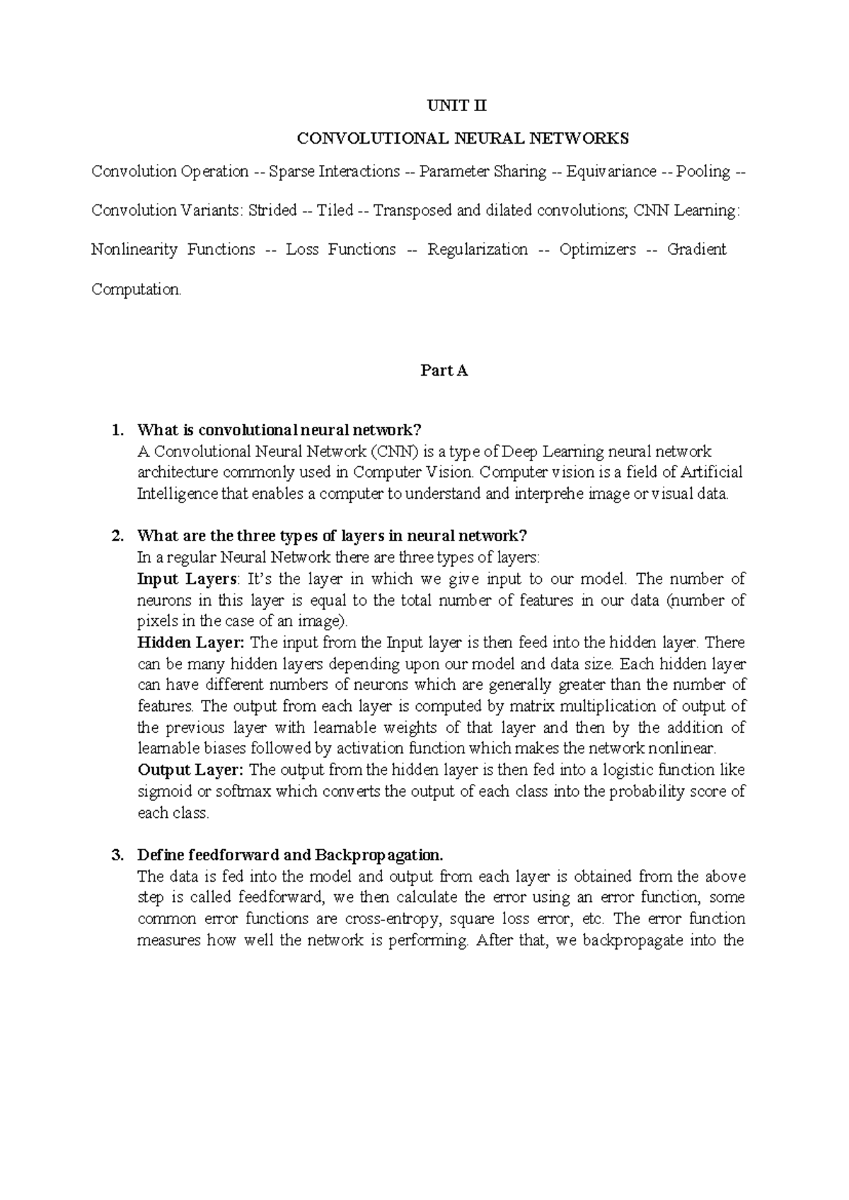 UNIT II: Convolutional Neural Networks Overview and Key Concepts - Studocu
