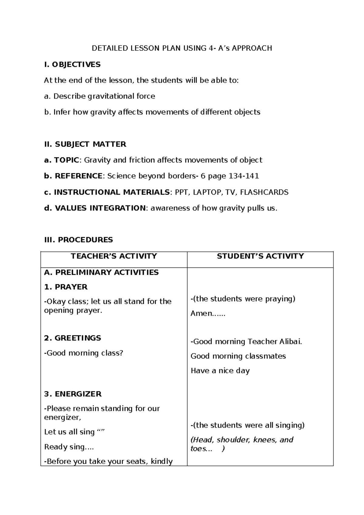 LP Science (Gravity) - Detailed Lesson Plan Using 4-A’s Approach - Studocu