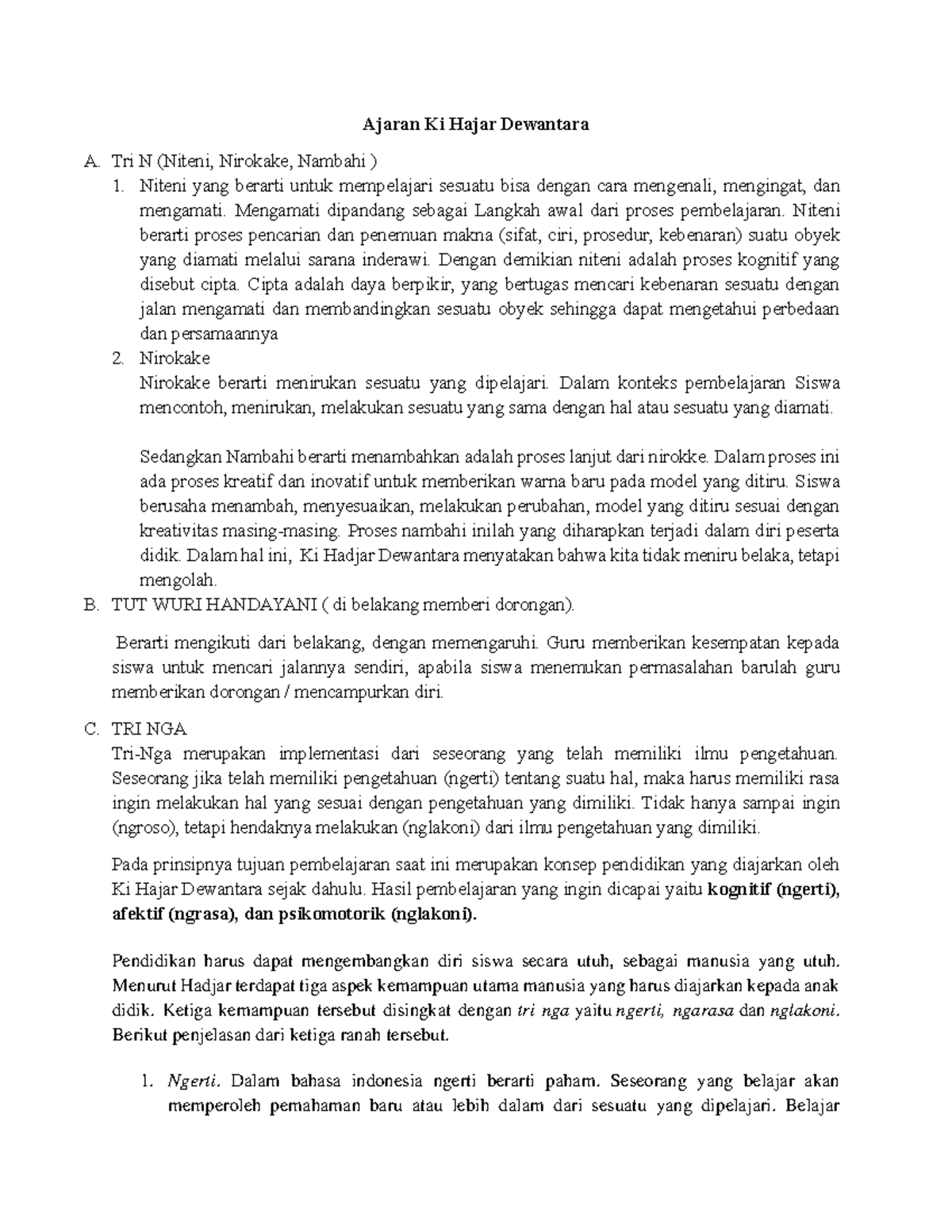 Ajaran Ki Hajar Dewantara: Konsep Tri N dan TUT WURI HANDAYANI - Studocu