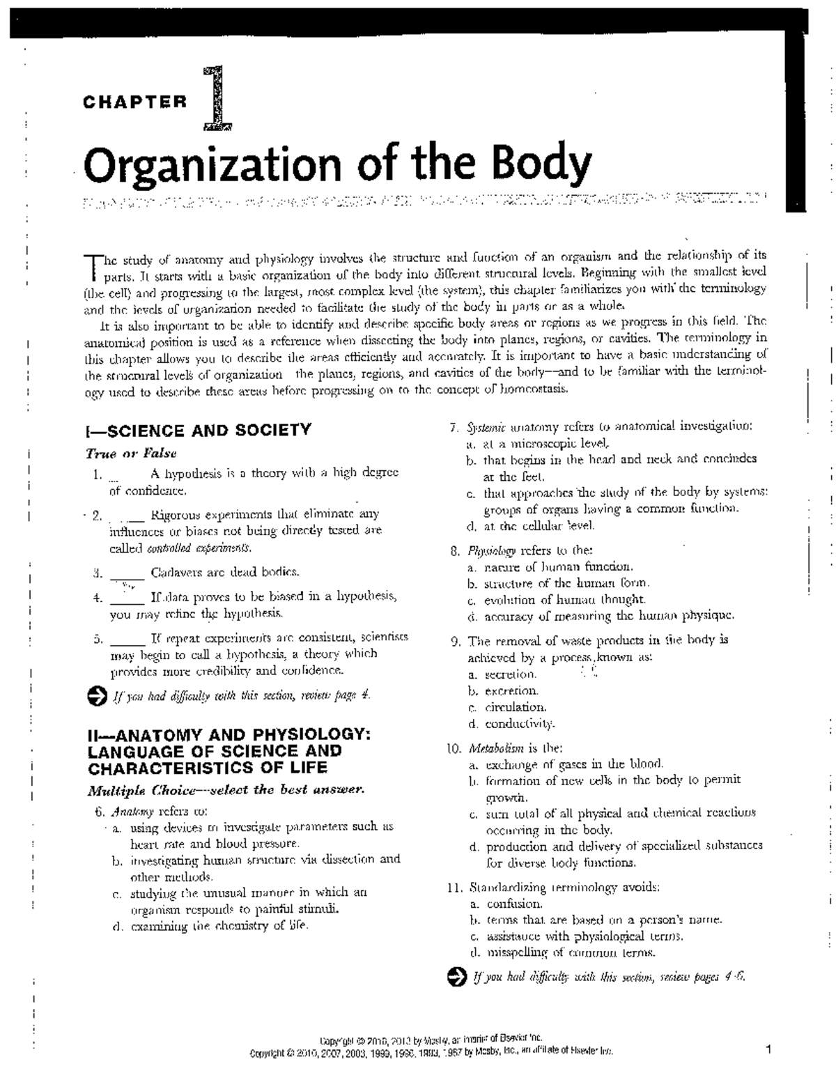 CHAPTER 1 Study Guide: Organization of the Body in Anatomy and ...