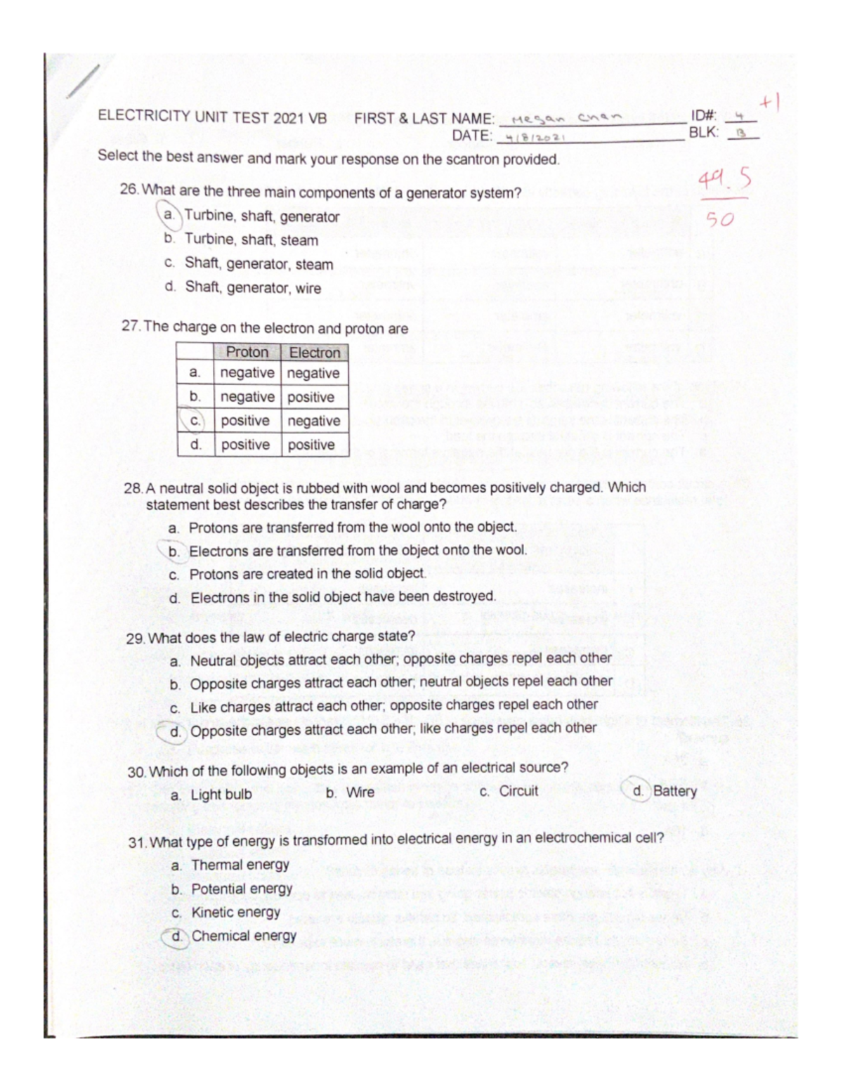 Science - Physics Test - test - 1 ELECTRICITY UNIT TEST 2021 VB FIRST ...
