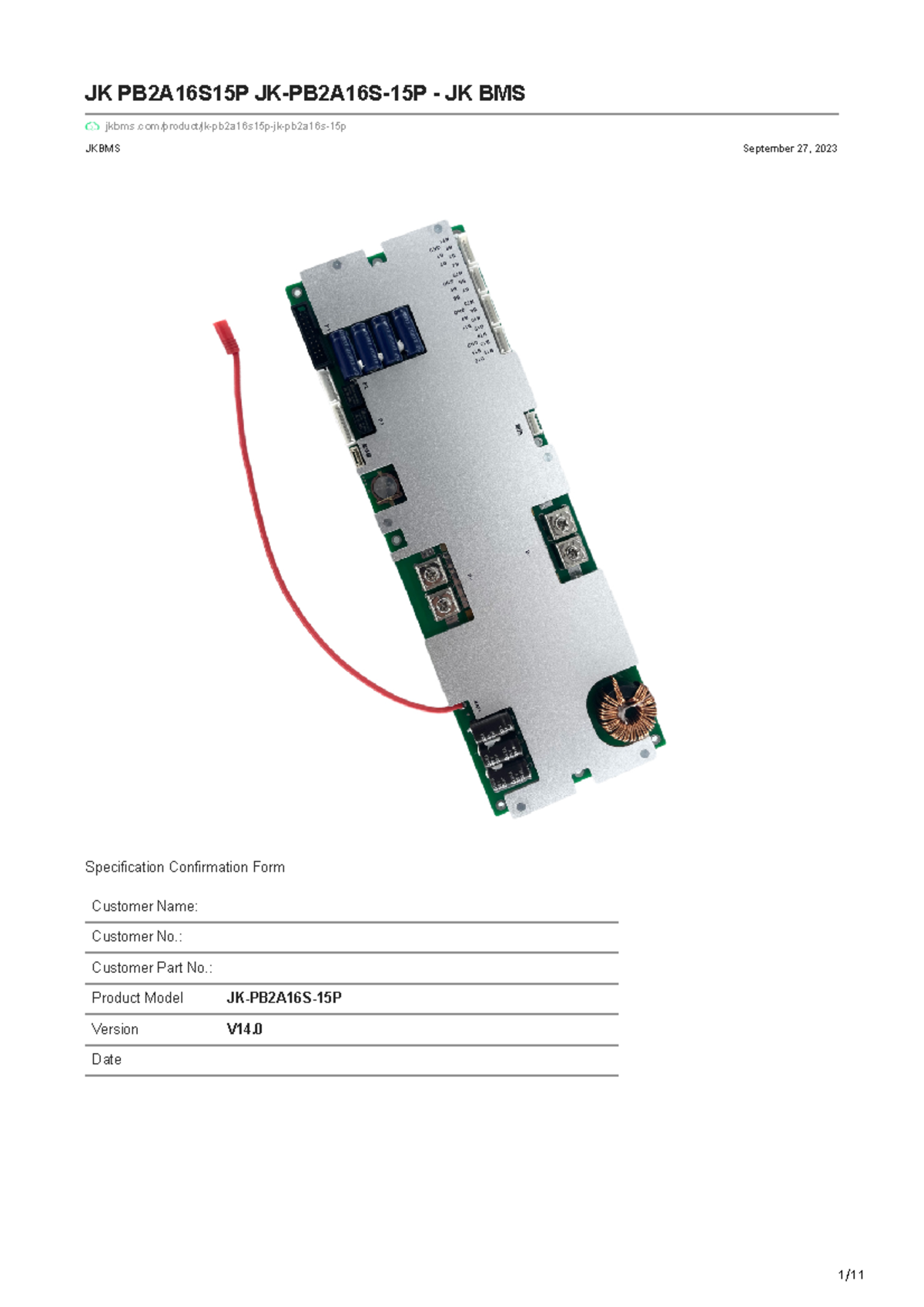 JK PB2A16S15P JK BMS Specification Confirmation Form - Sept 2023 - Studocu