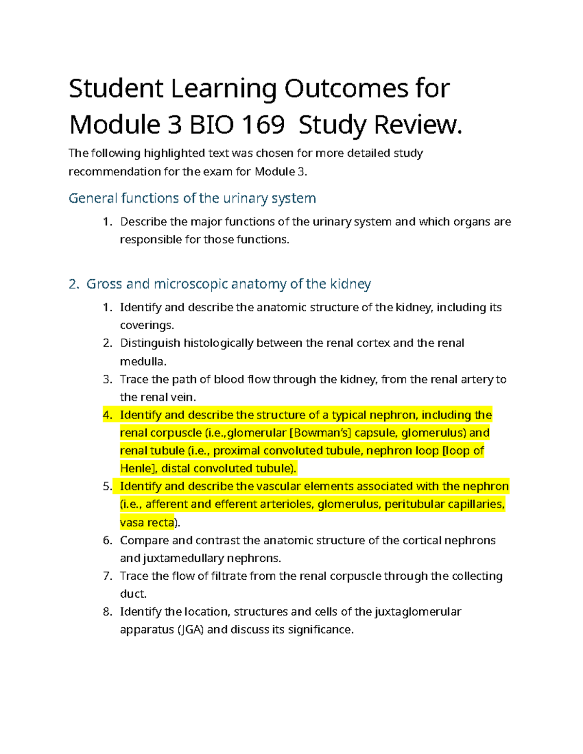 BIO 169 Module 3 Study Review: Urinary System - Studocu