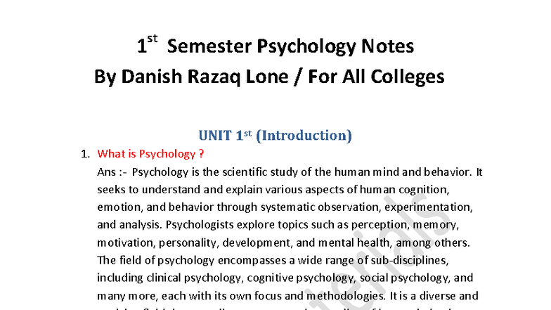 1st Semester Psychology Notes (Units 1 & 2) by Danish Razaq Lone - Studocu