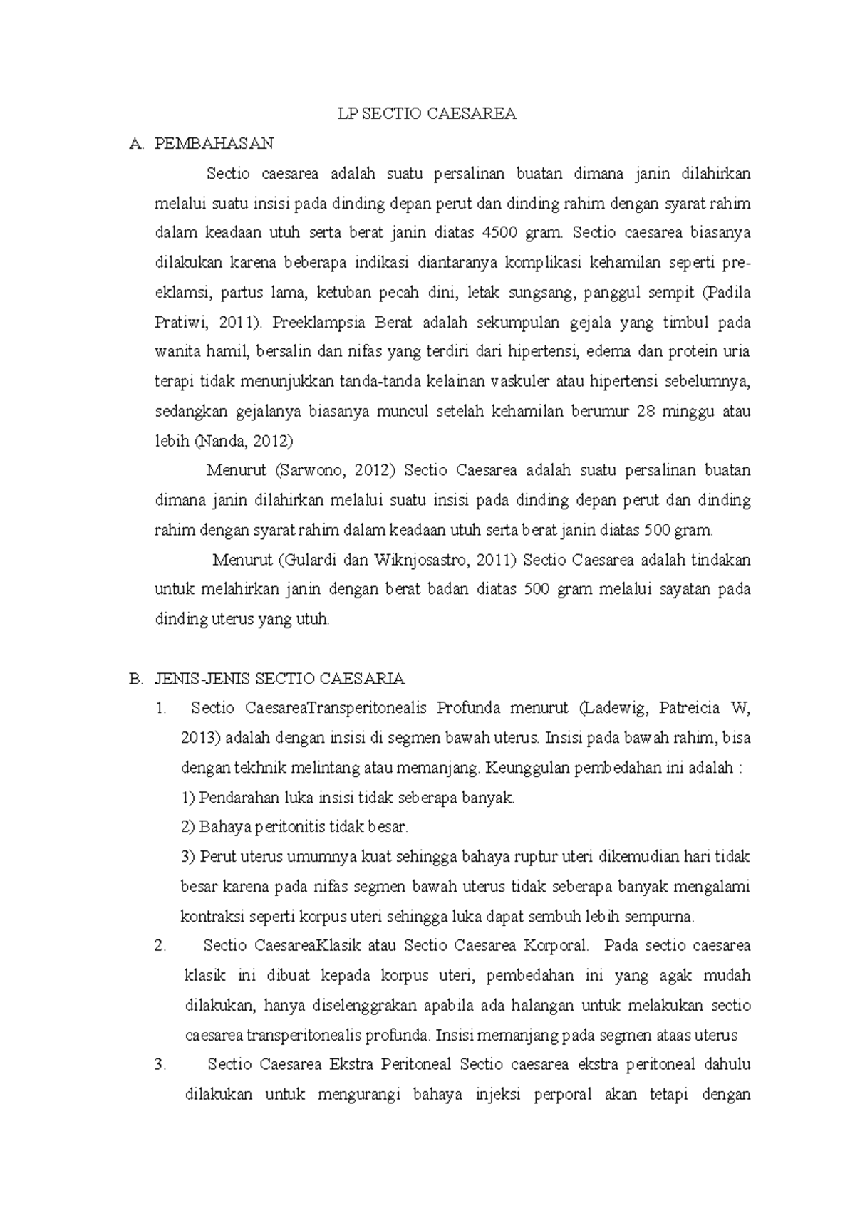 LP SECTIO CAESAREA: Pembahasan, Indikasi, dan Penatalaksanaan - Studocu