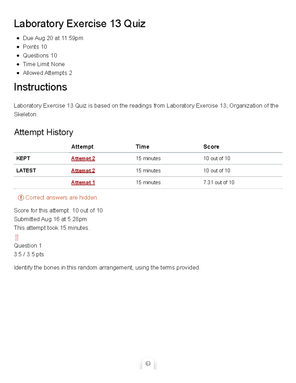 Laboratory Exercise 13 Quiz - Anatomy BIO1120 ONL6FG - Studocu
