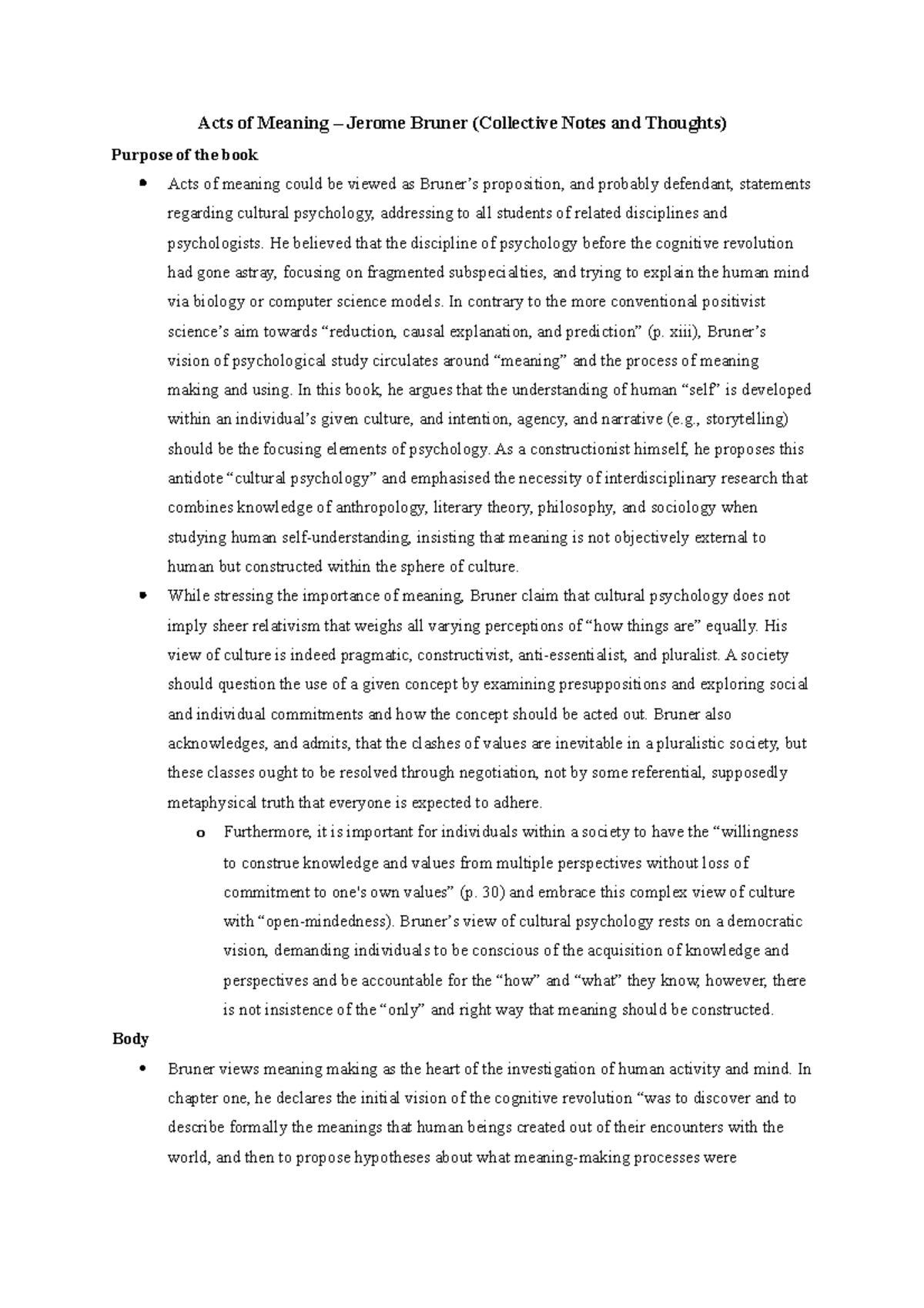 Acts of Meaning - Summary and Critique of Jerome Bruner's Work - Studocu