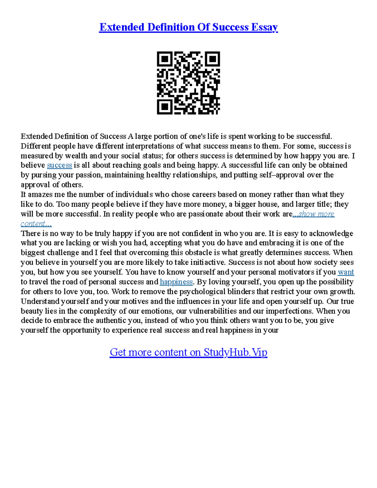 Extended Definition Essay on Success and Its Interpretations - Studocu