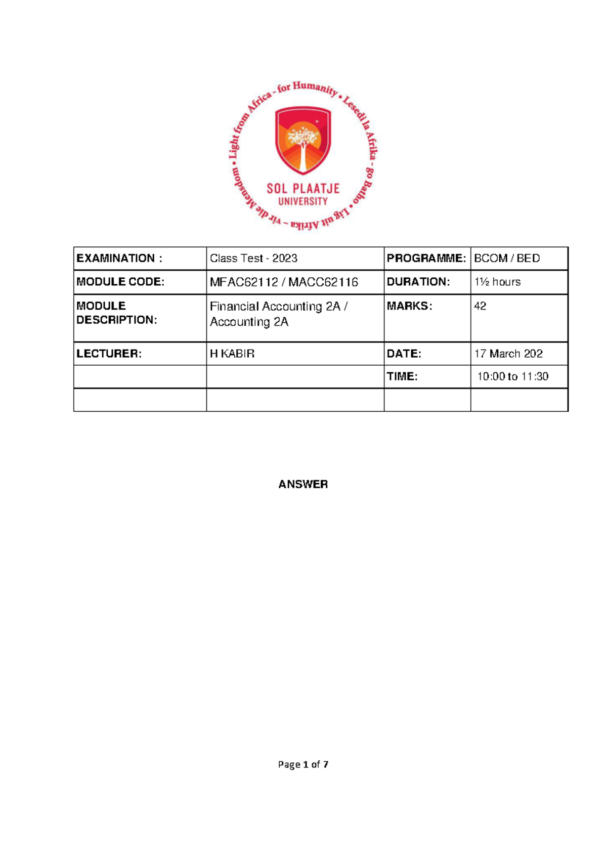 MEMO 2023 Fin Acct 2A Class Test - EXAMINATION : Class Test - 2023 ...