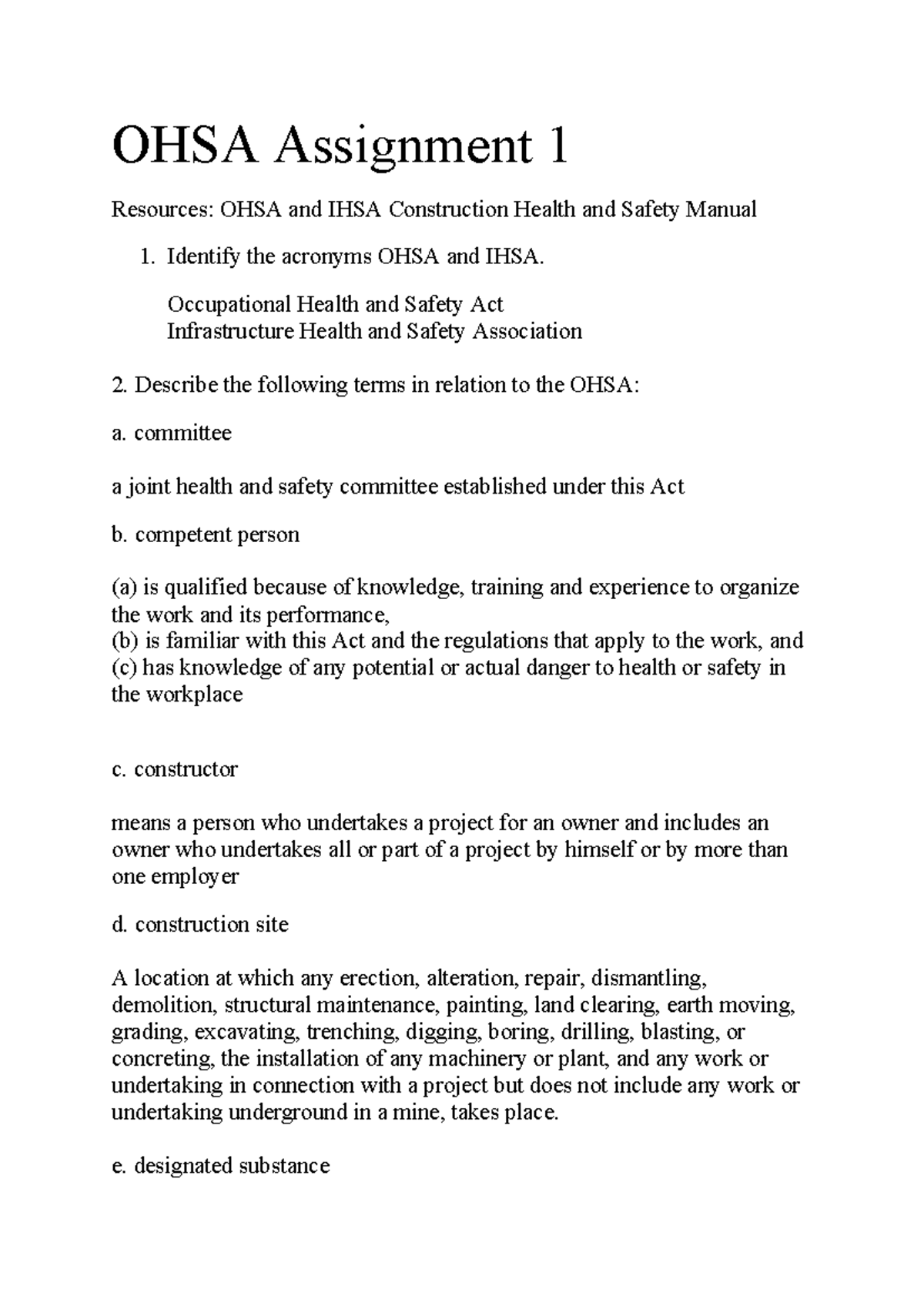 OHSA Assignment 1: Health and Safety Terms Explained - Studocu
